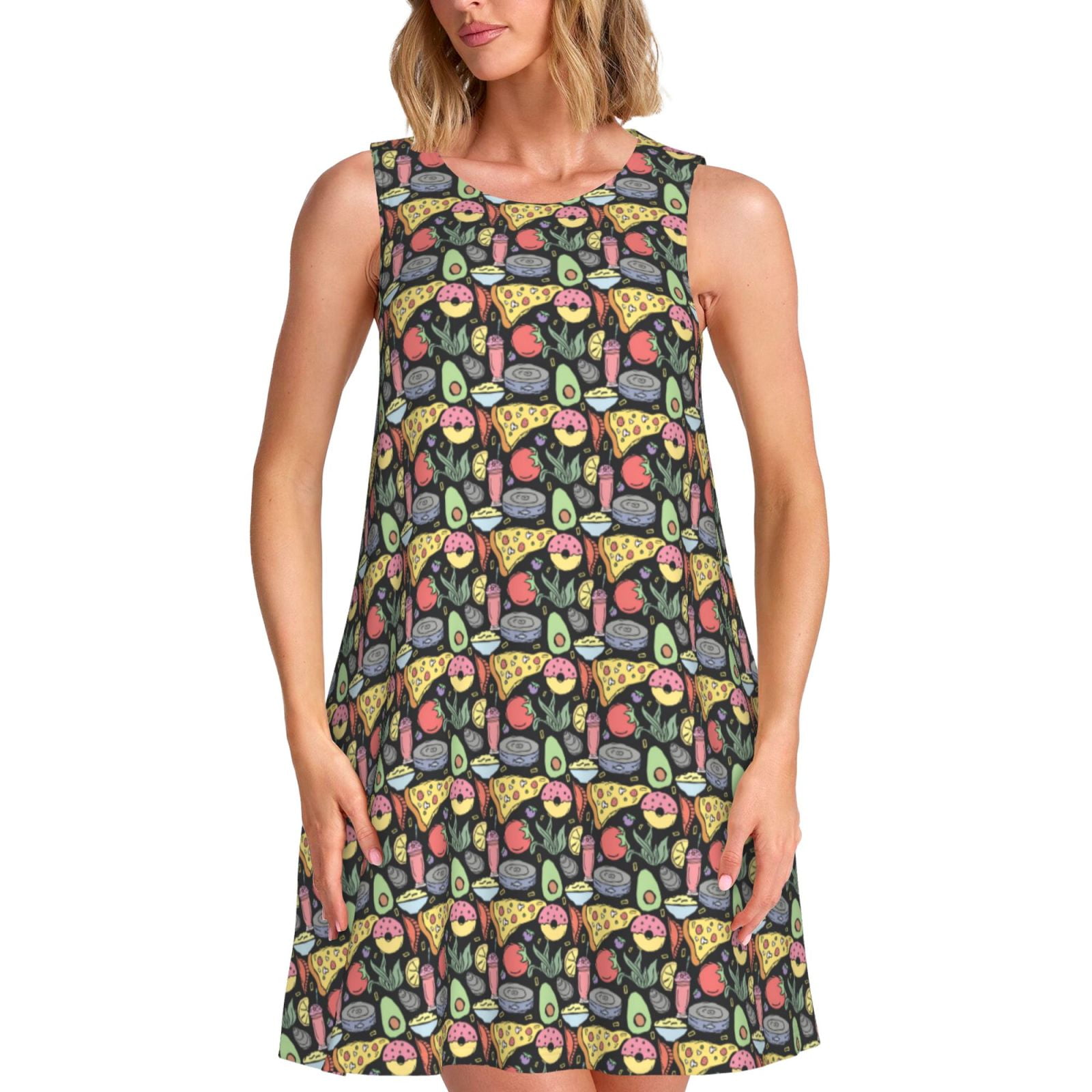 Luyuia Doodle Food Print Women's Summer A-Line Sleeveless Boat Neck ...