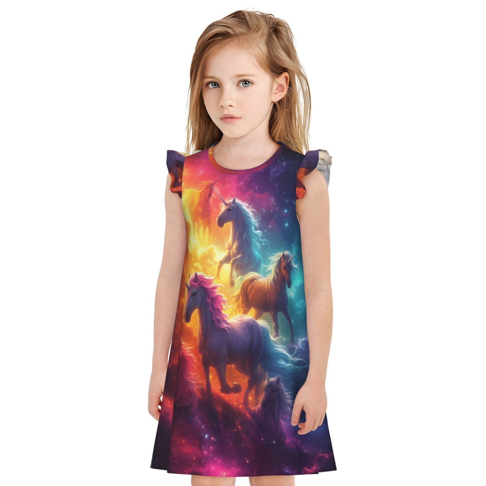 Luyuia Dreamy Night Sky White Horse Print Girls' Princess Nightgown, Flutter Sleeve Sleepwear ...