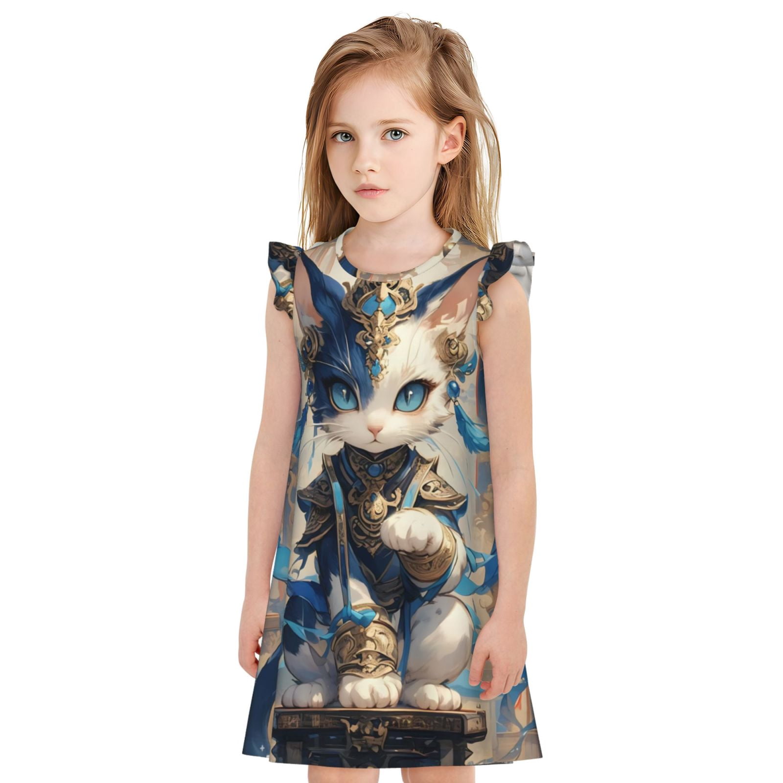 Luyuia Exotic Blue Cat Print Girls' Princess Nightgown, Flutter Sleeve ...