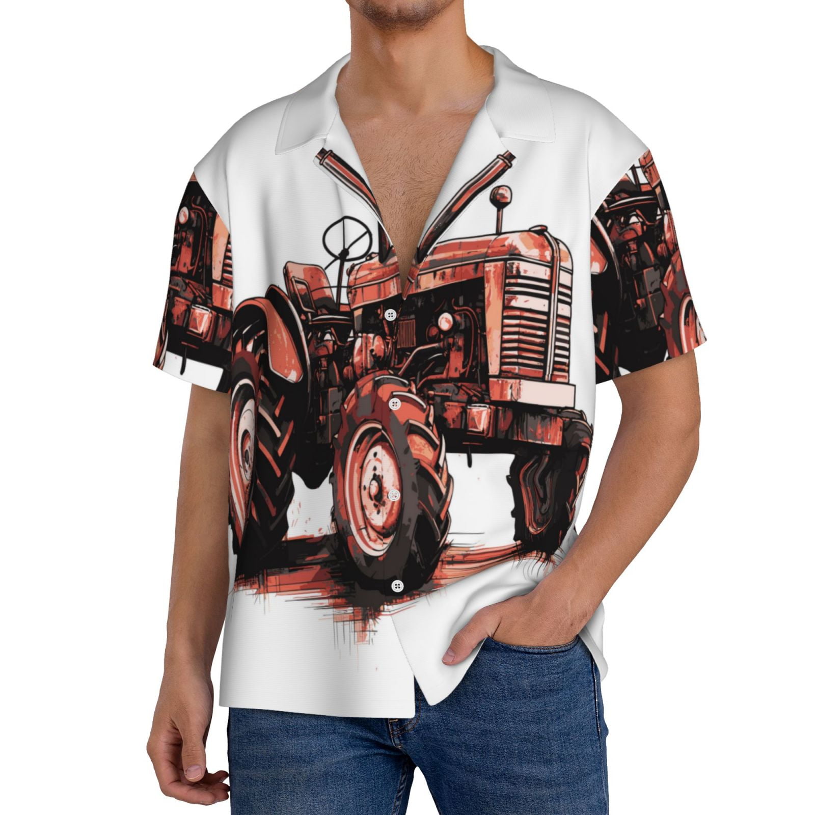 Luyuia Farm Tractor Print Men's Casual Plaid Button-Down Shirt, Short ...