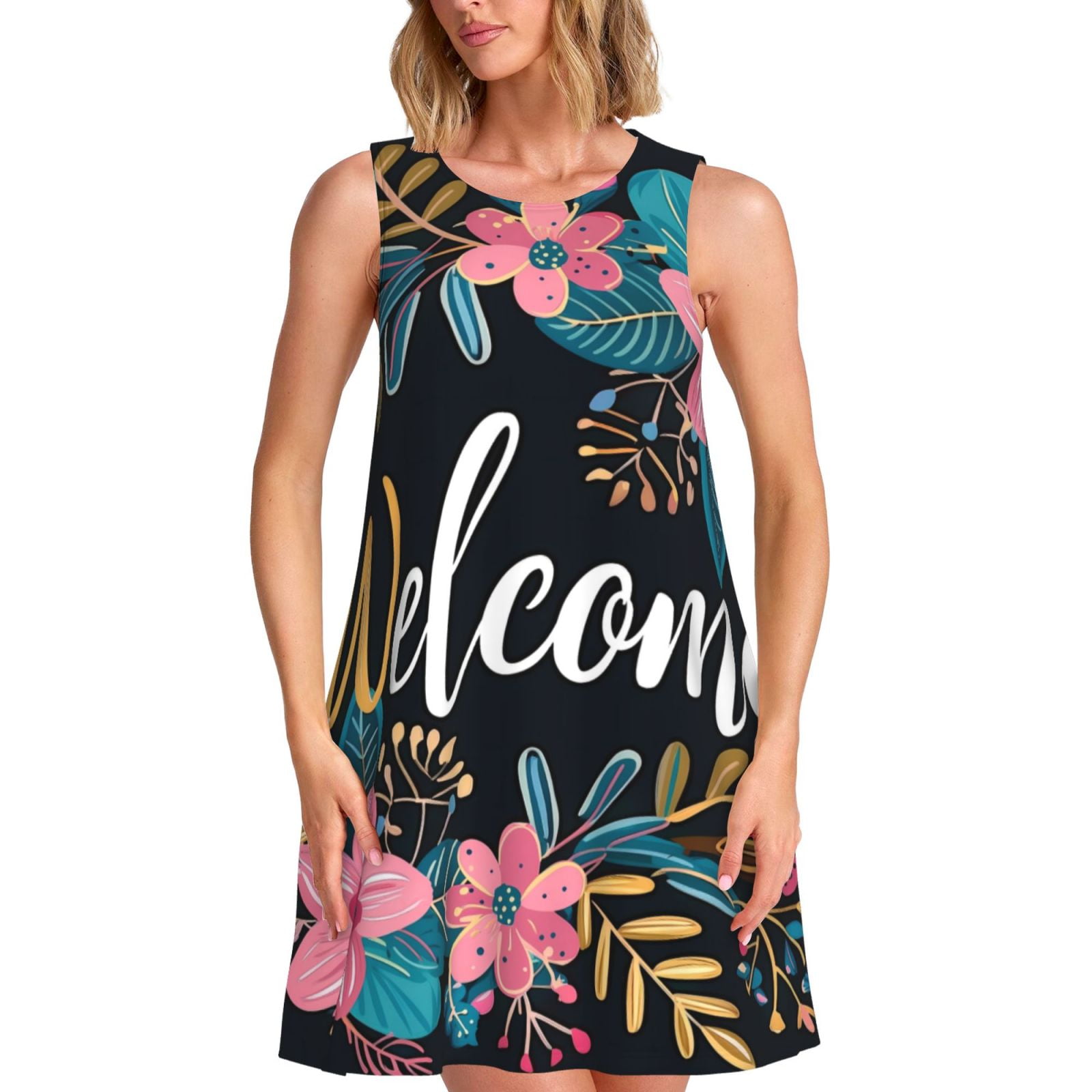 Luyuia Floral Welcome Sign Print Women's Summer A-Line Sleeveless Boat ...