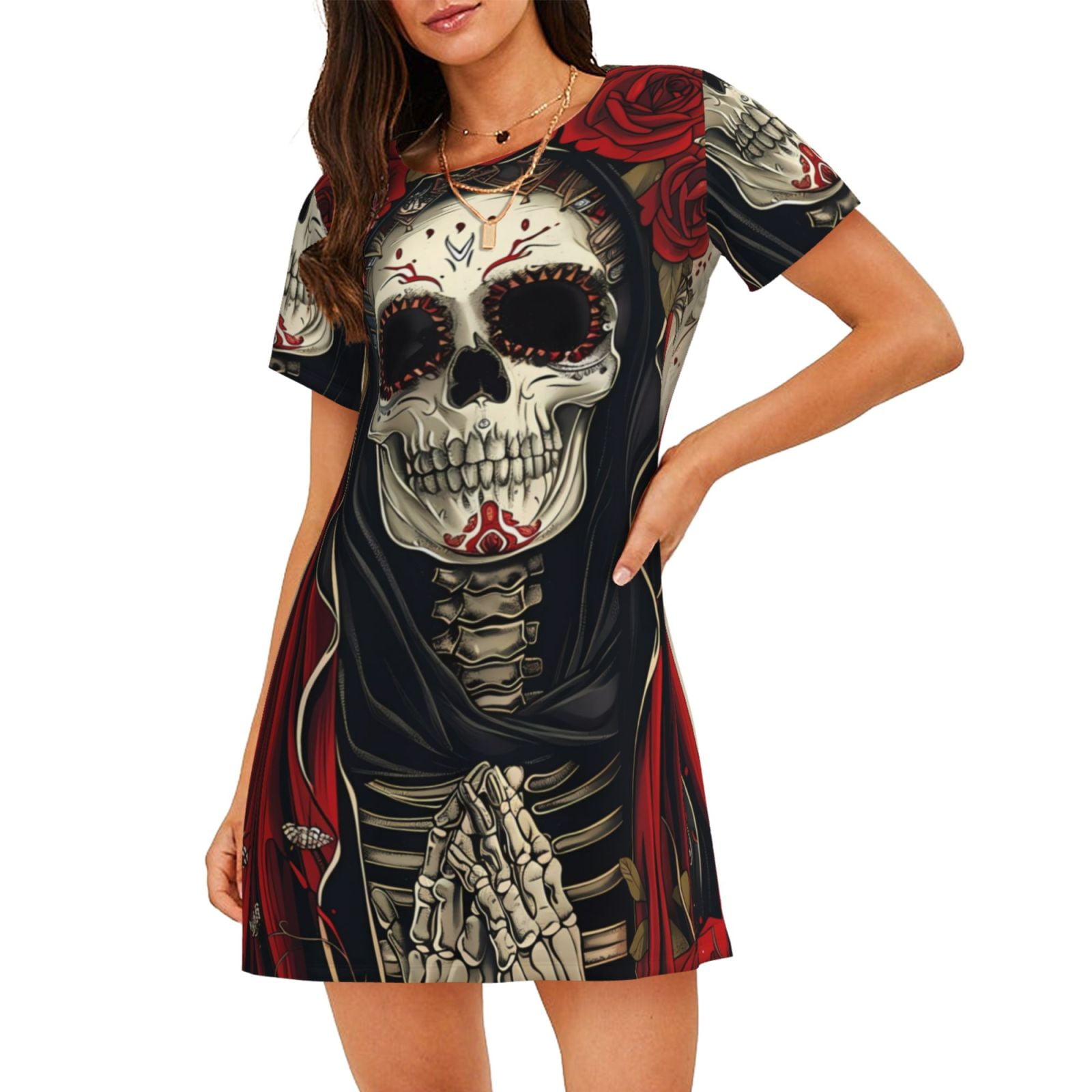 Luyuia Gothic Skull With Roses Print Women's Sleep Shirt Short Sleeve ...