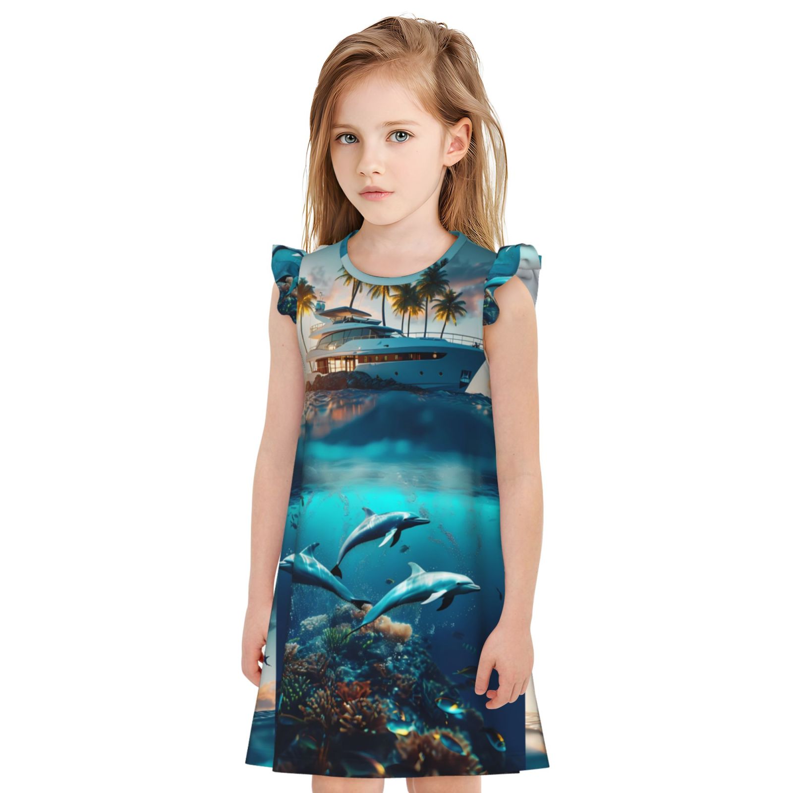 Luyuia Hawaiian Ship Dolphin Print Girls' Princess Nightgown, Flutter ...