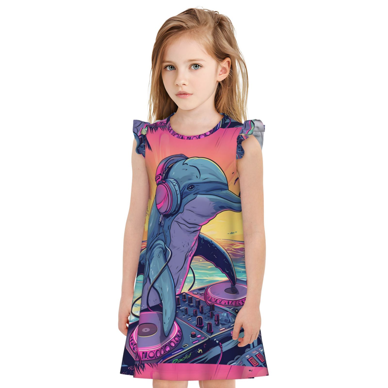 Luyuia Hip-Hop DJ Dolphin Print Girls' Princess Nightgown, Flutter ...