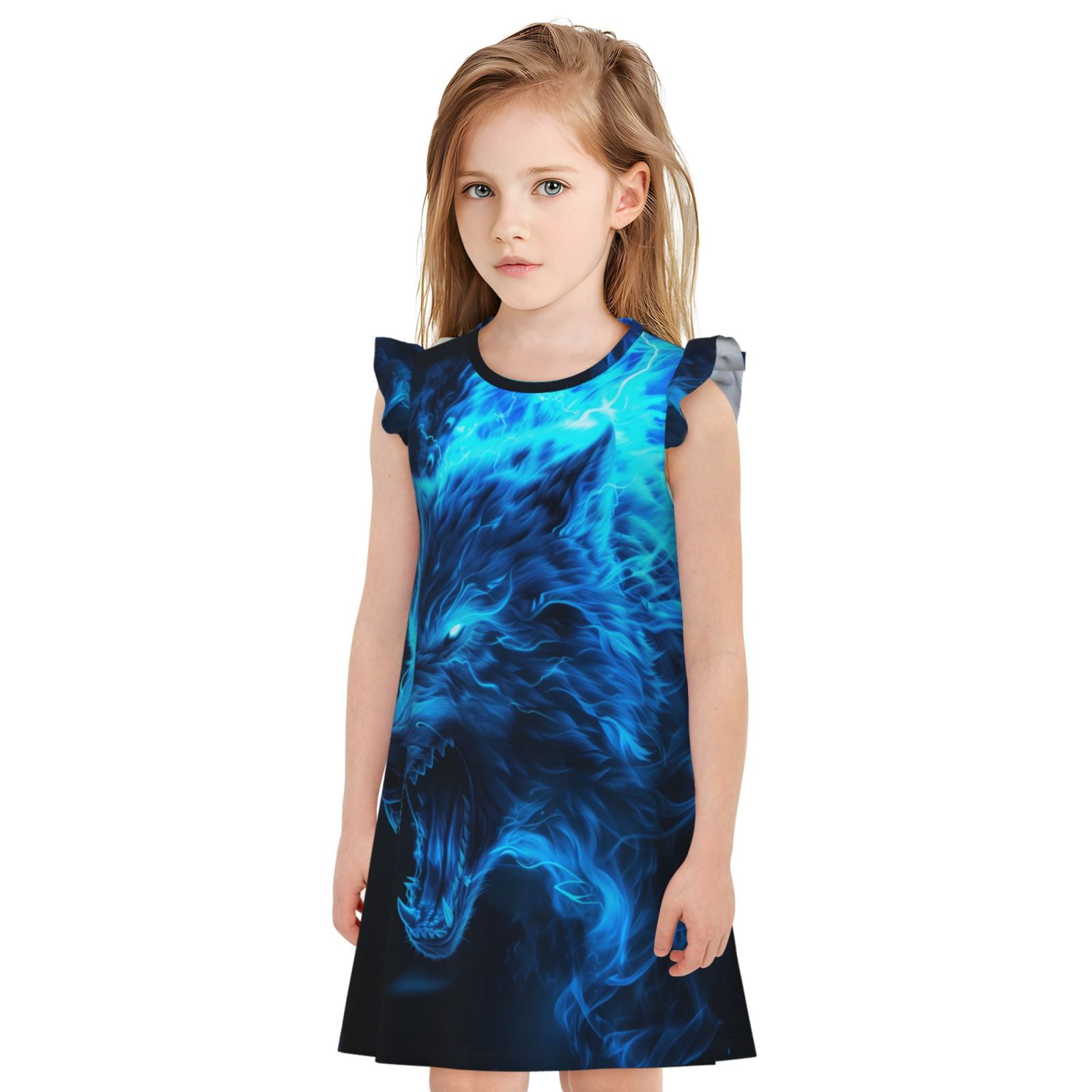 Luyuia Ice Blue Fire Wolf Print Girls' Princess Nightgown, Flutter ...