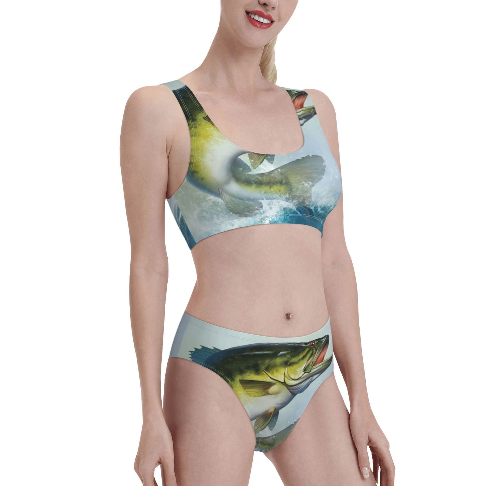 Luyuia Largemouth Bass jumps out of water Print Women's Swimsuit High-Waist Two-Piece ...