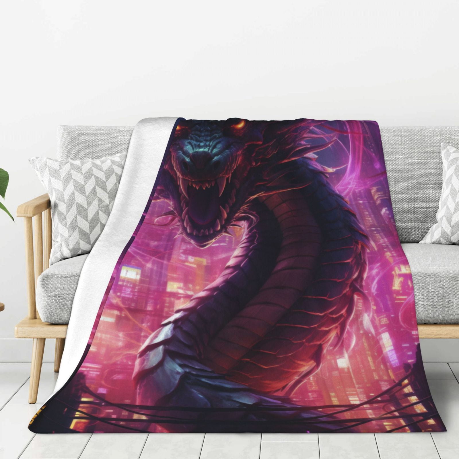Luyuia Neon Futuristic Dragon Pattern Soft Throw Blanket Flannel Fleece ...