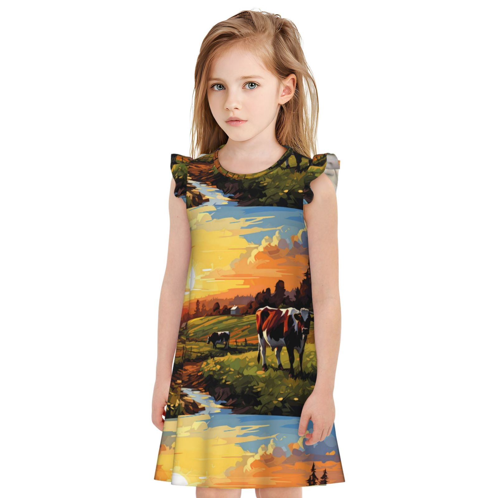 Luyuia Oil Painting Style Pasture Cow Print Girls' Princess Nightgown ...