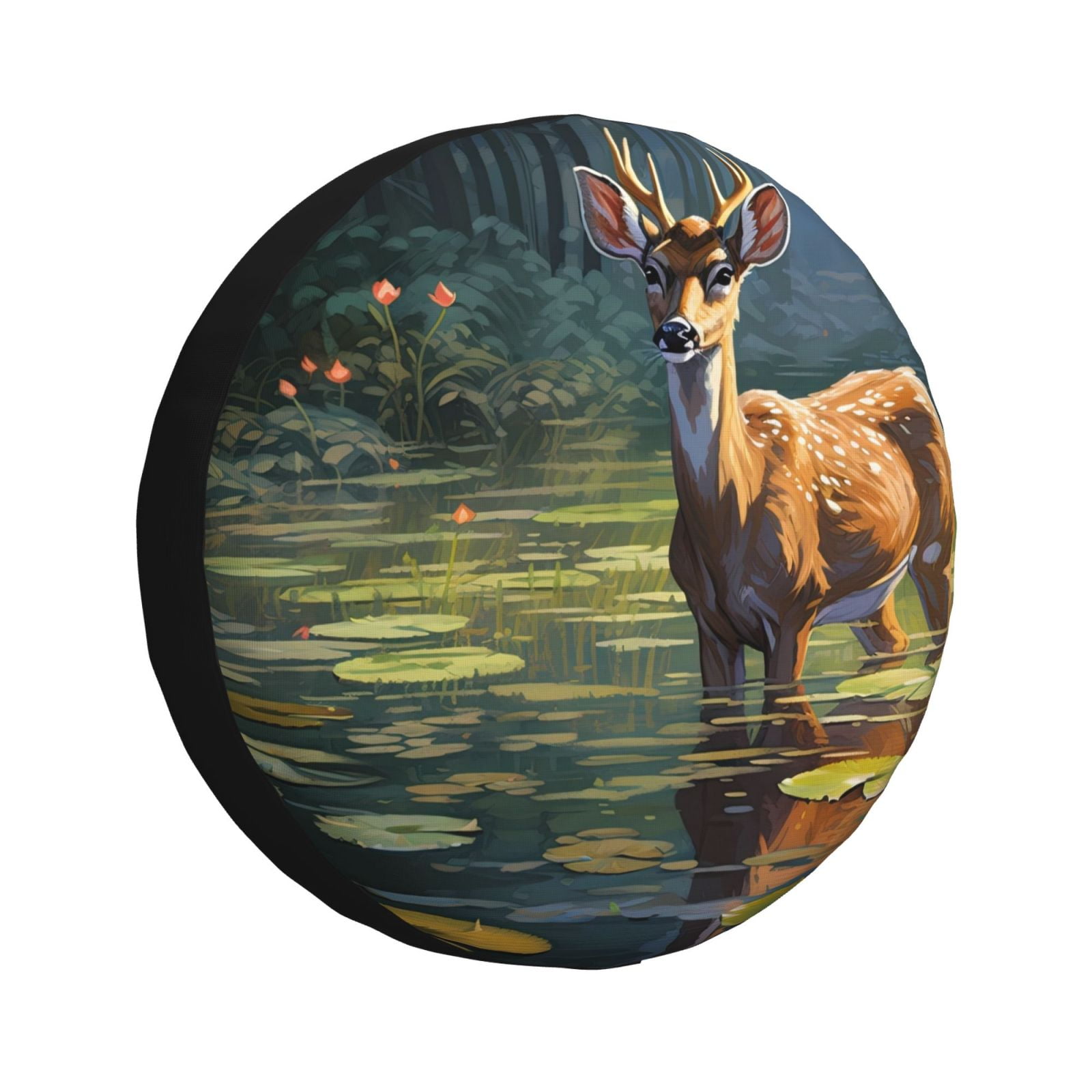 Luyuia Peaceful Deer Lily Pond Print Waterproof Leather Tire Cover ...