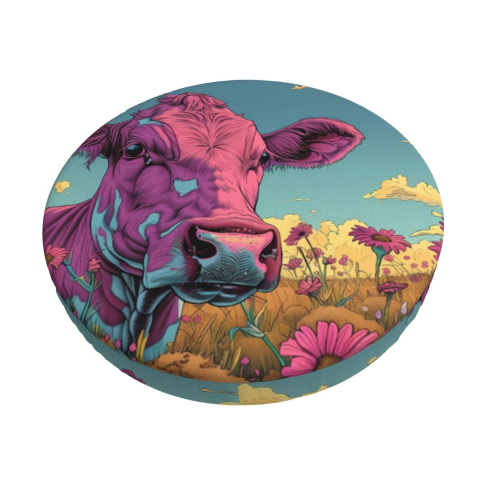 Luyuia Pink Cow In Sunflower Field Print Bar Stool Cover Cushion, Round ...