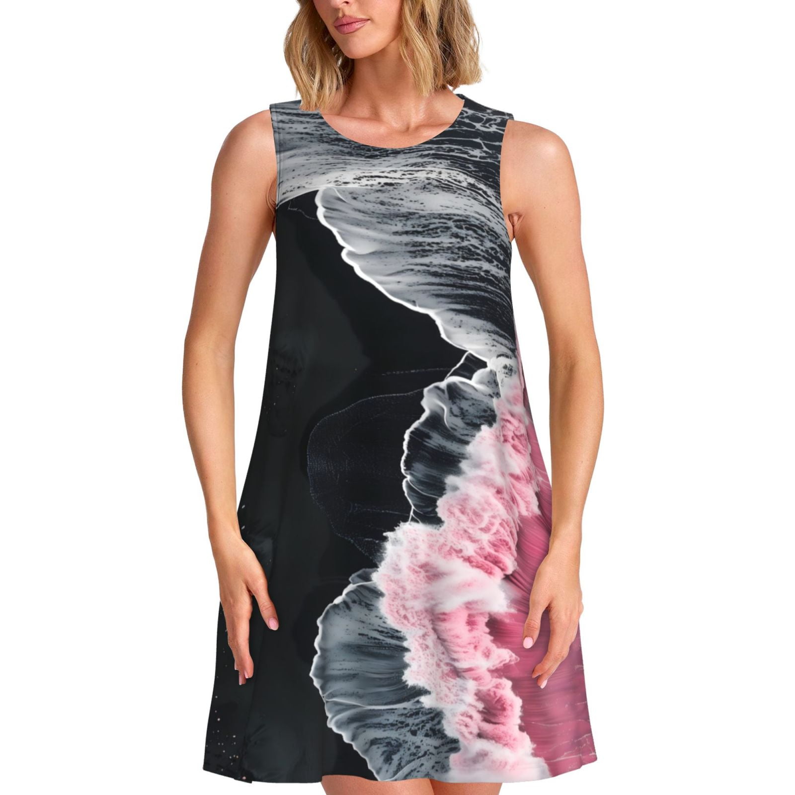 Luyuia Pink White Ocean Waves Print Women's Summer A-Line Sleeveless ...