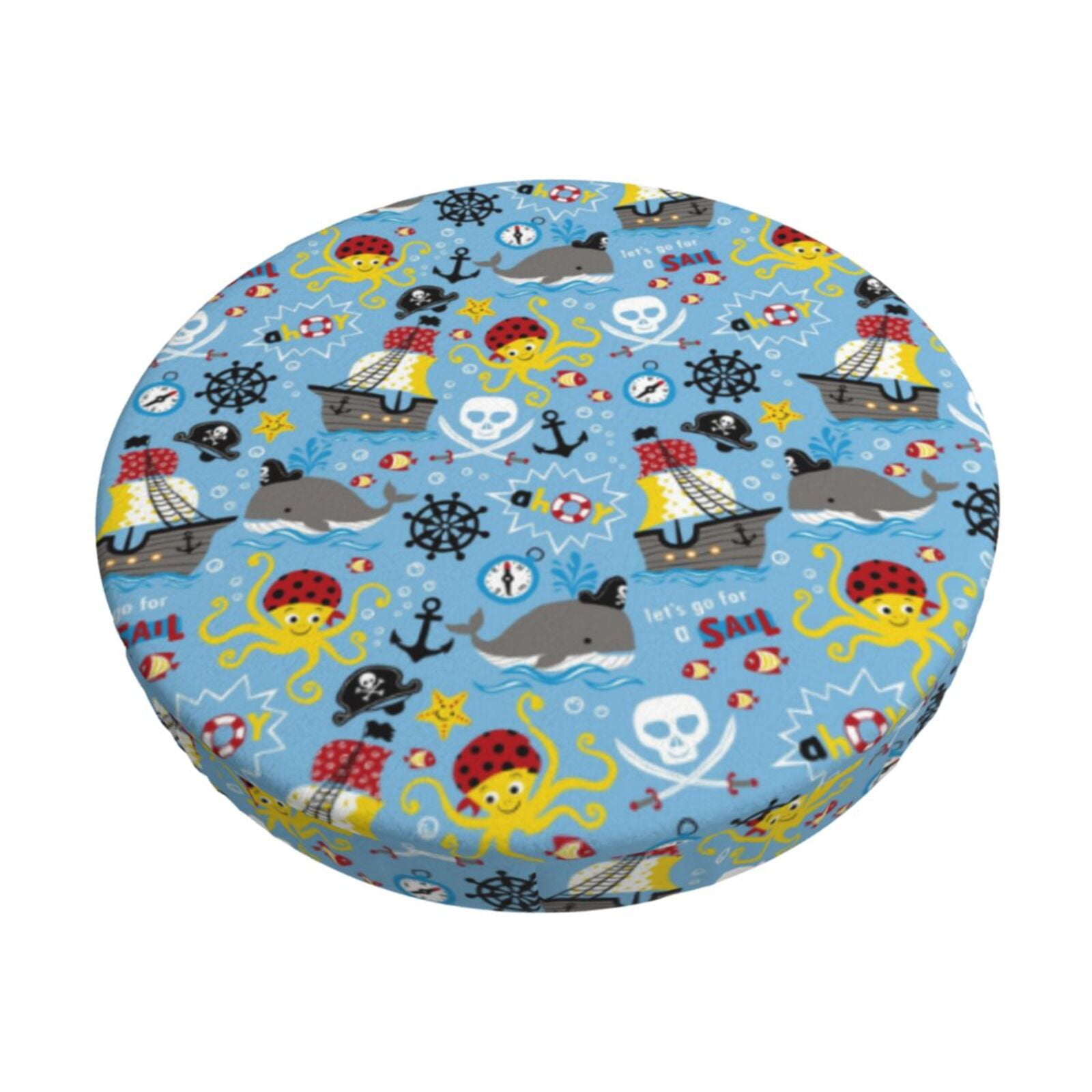 Luyuia Pirate Marine Animals Print Bar Stool Cover Cushion, Round Seat ...