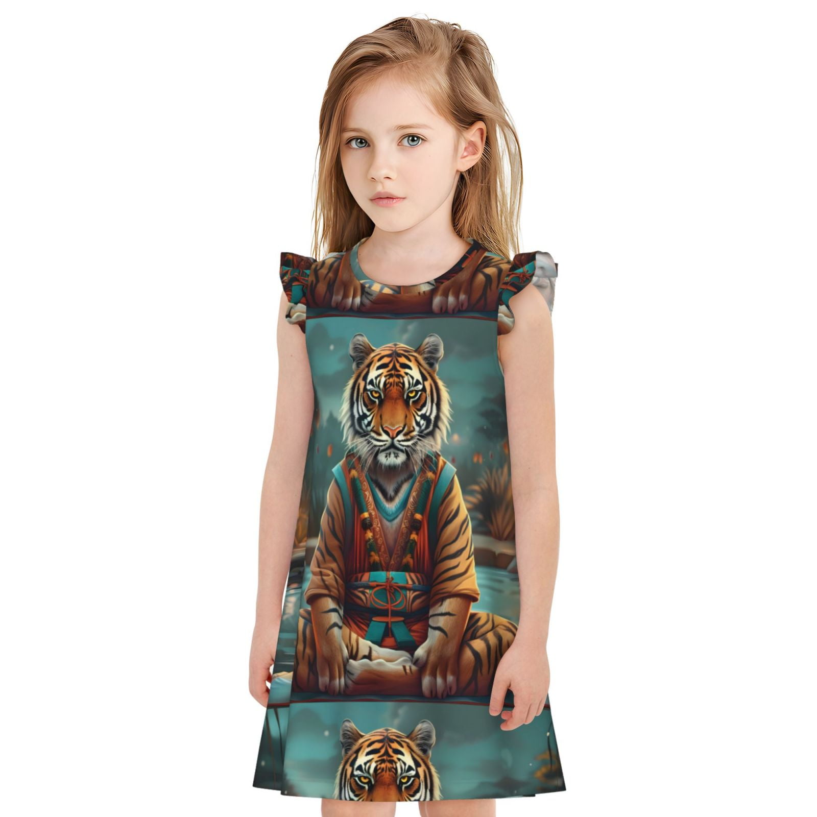 Luyuia Pond Meditating Tiger Print Girls' Princess Nightgown, Flutter ...