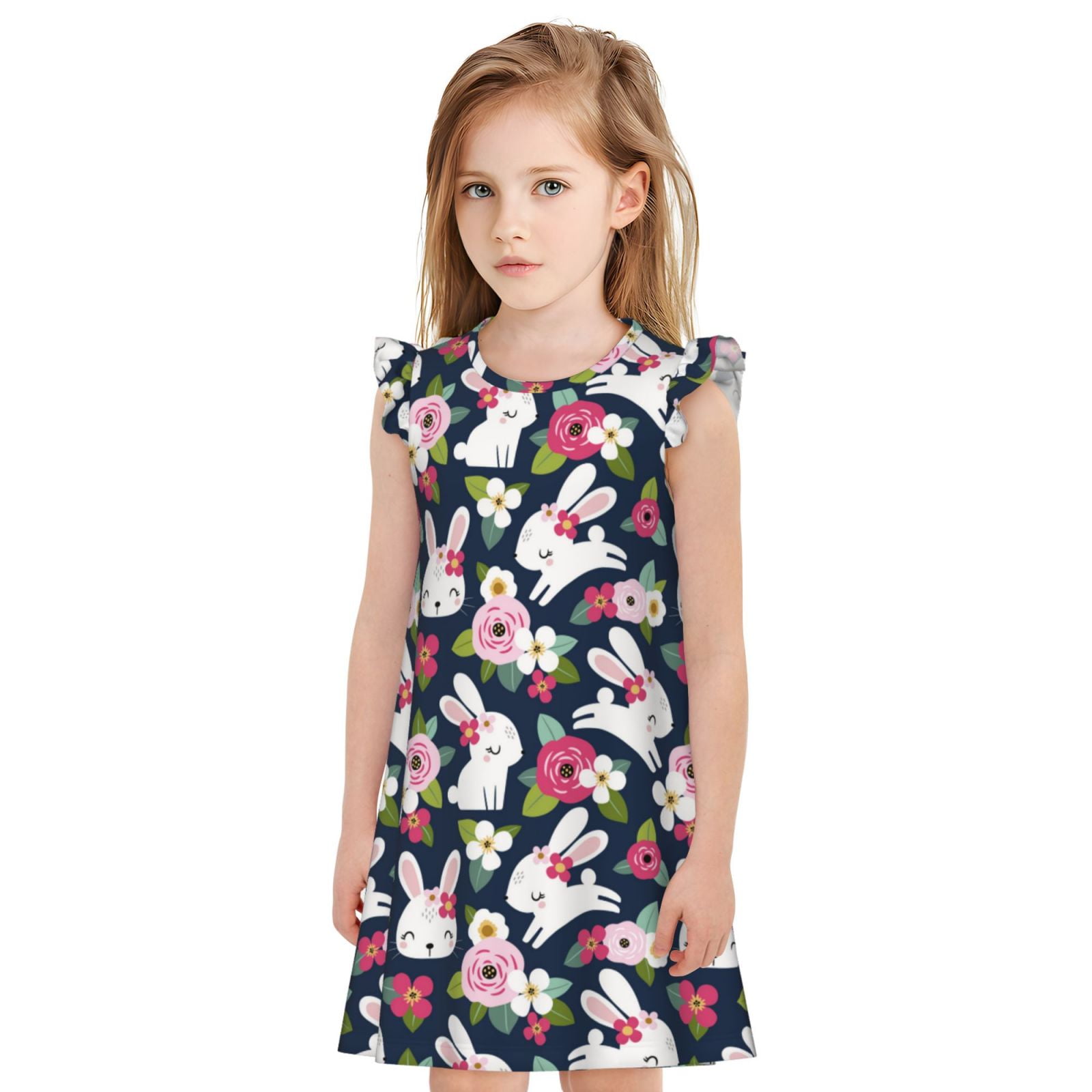 Luyuia Rabbit And Rose Print Girls' Princess Nightgown, Flutter Sleeve ...