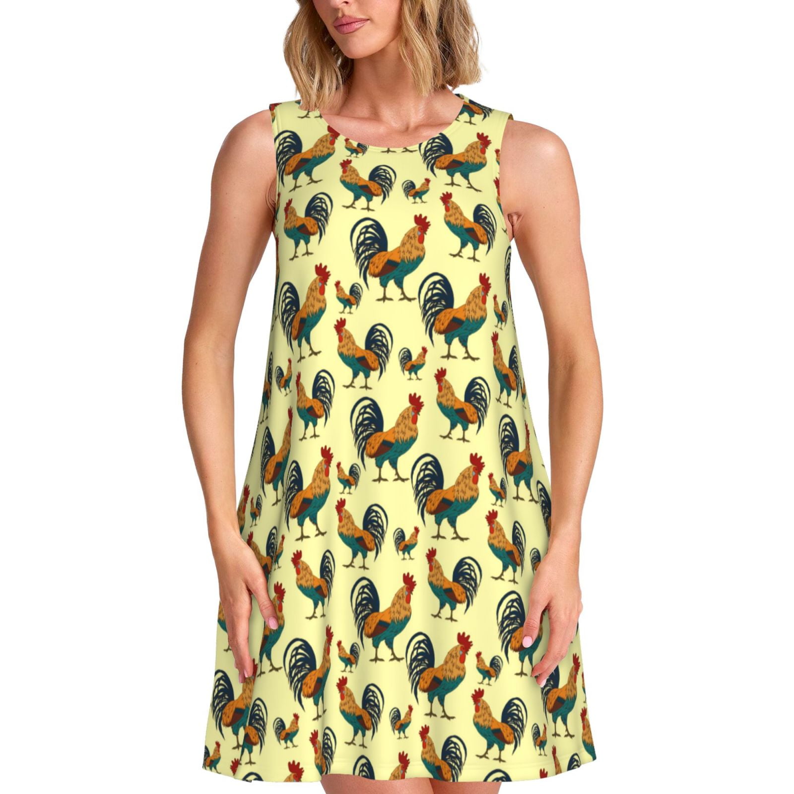 Luyuia Roosters In Farm Print Women's Summer A-Line Sleeveless Boat ...