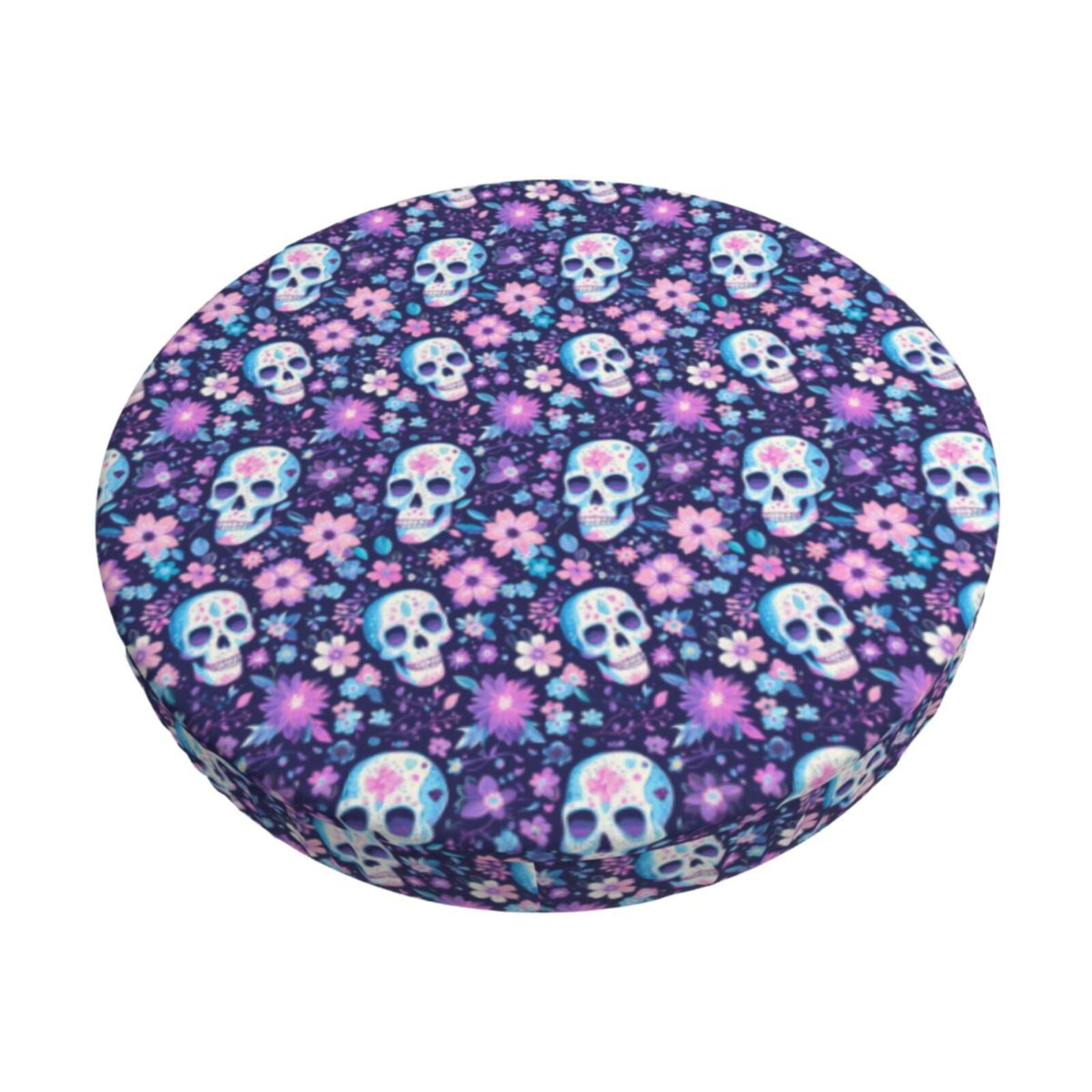 Luyuia Skull Purple Flower Print Bar Stool Cover Cushion, Round Seat ...