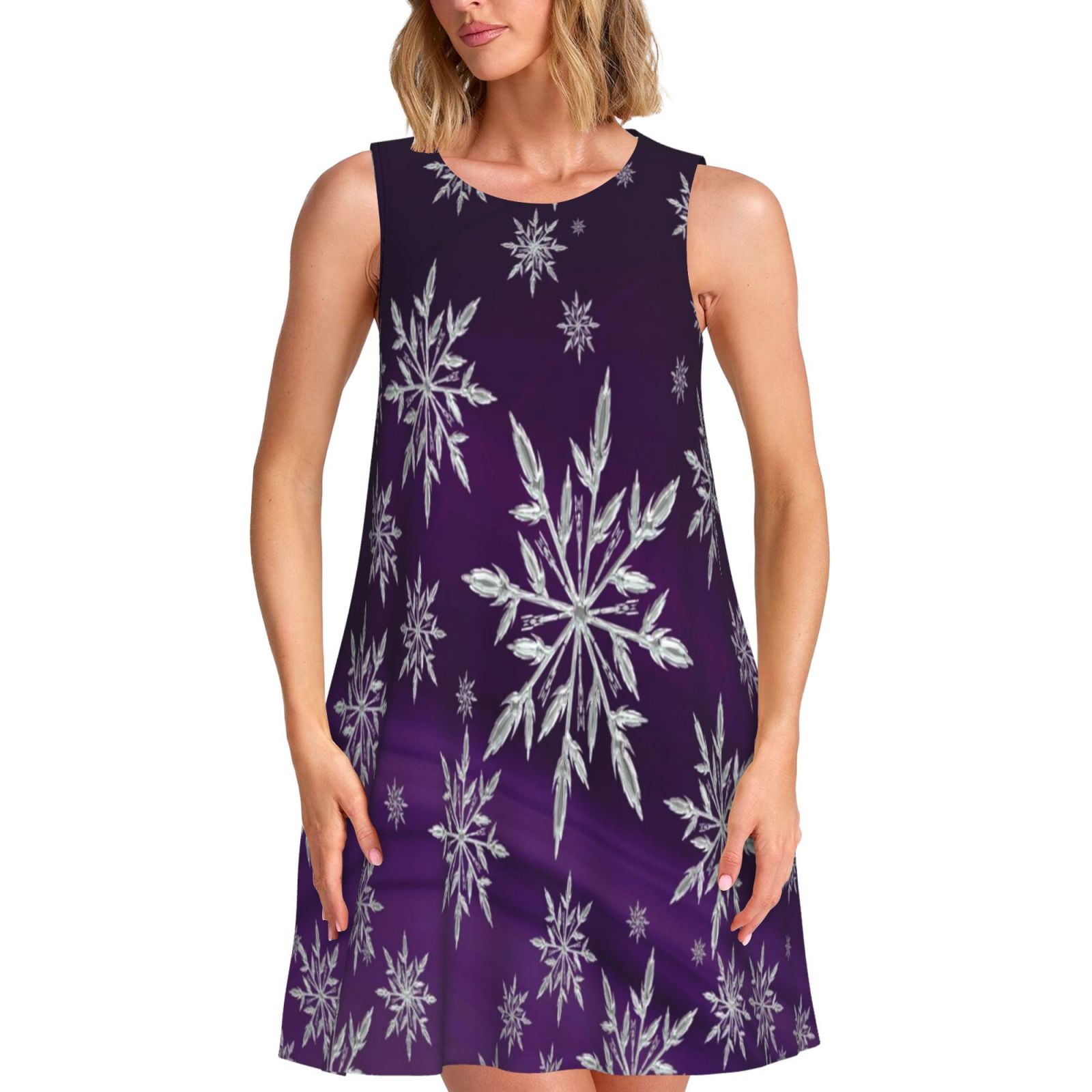 Luyuia Snowflake Gradient Purple Print Women's Summer A-Line Sleeveless ...
