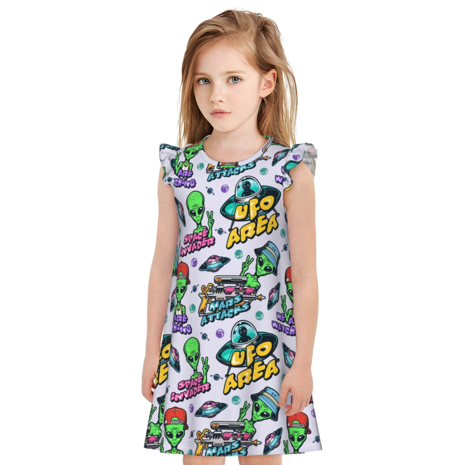 Luyuia Space Monster Print Girls' Princess Nightgown, Flutter Sleeve ...