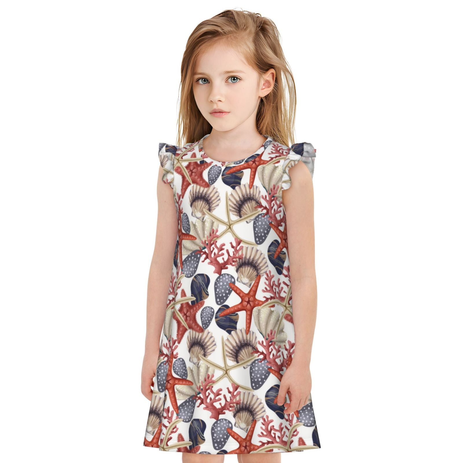 Luyuia Starfish Shell Print Girls' Princess Nightgown, Flutter Sleeve ...