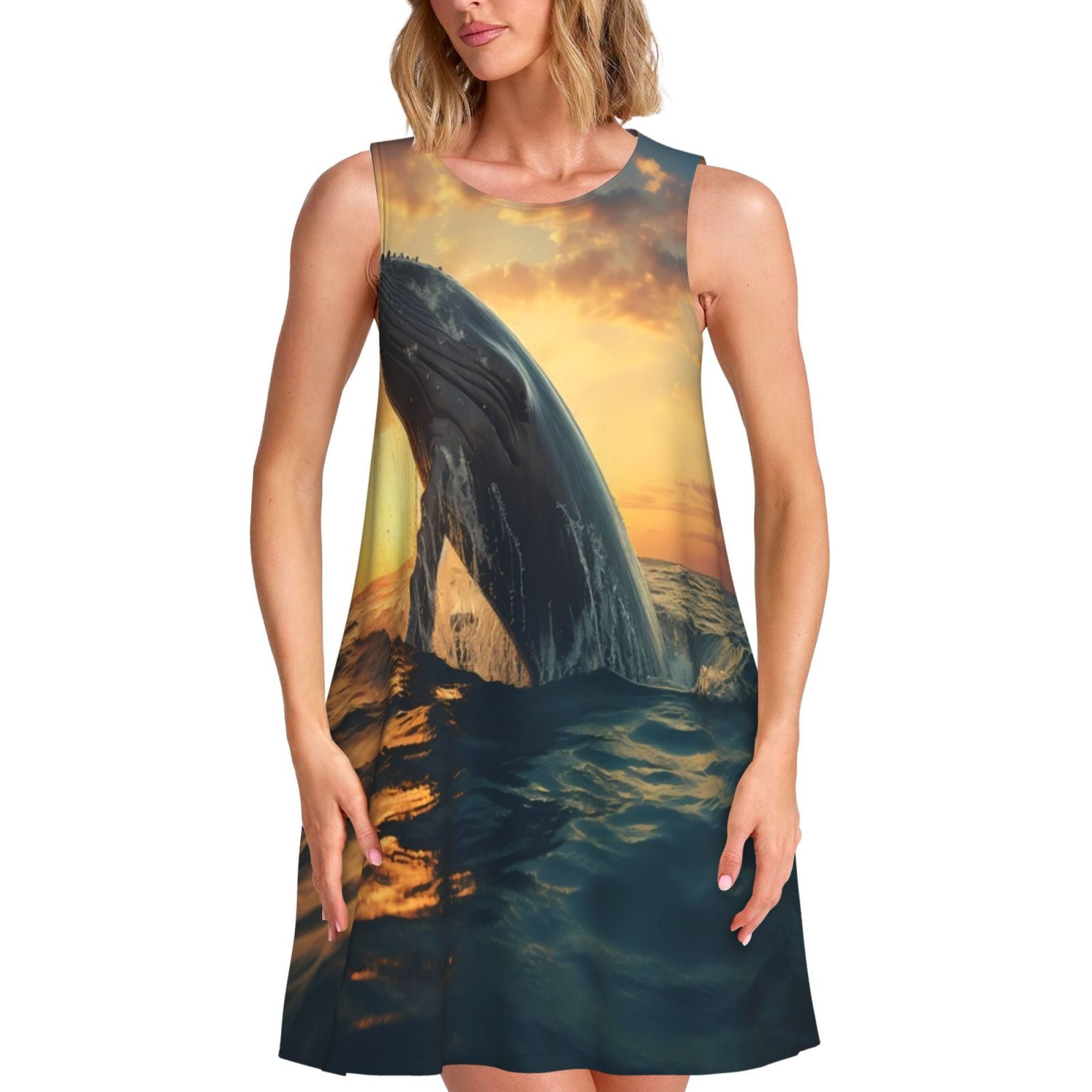 Luyuia Sunset Ocean Whale Print Women's Summer A-Line Sleeveless Boat ...
