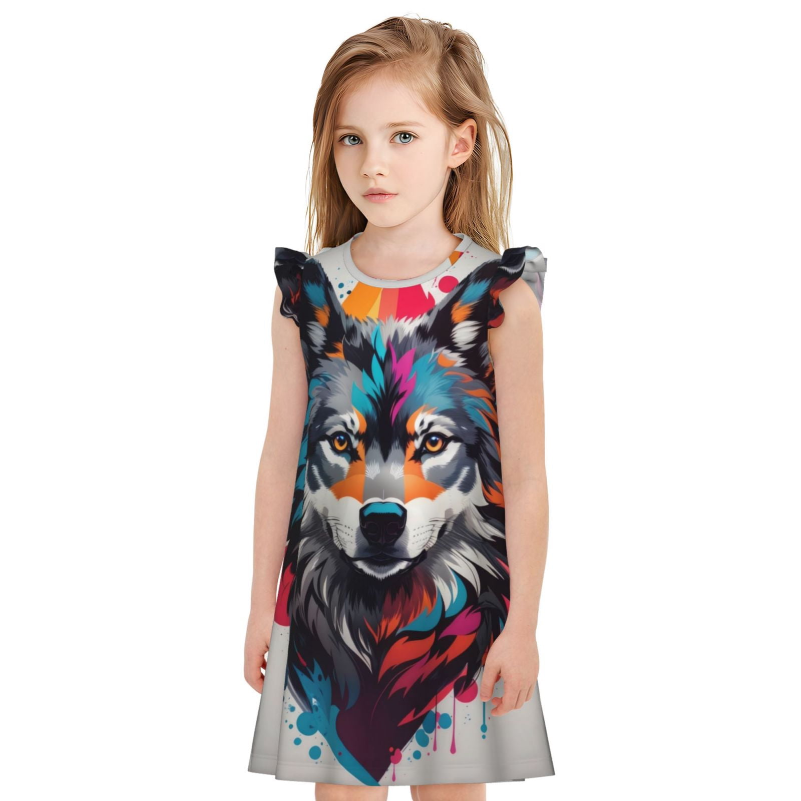 Luyuia Tie-Dye Wolf Head Print Girls' Princess Nightgown, Flutter ...