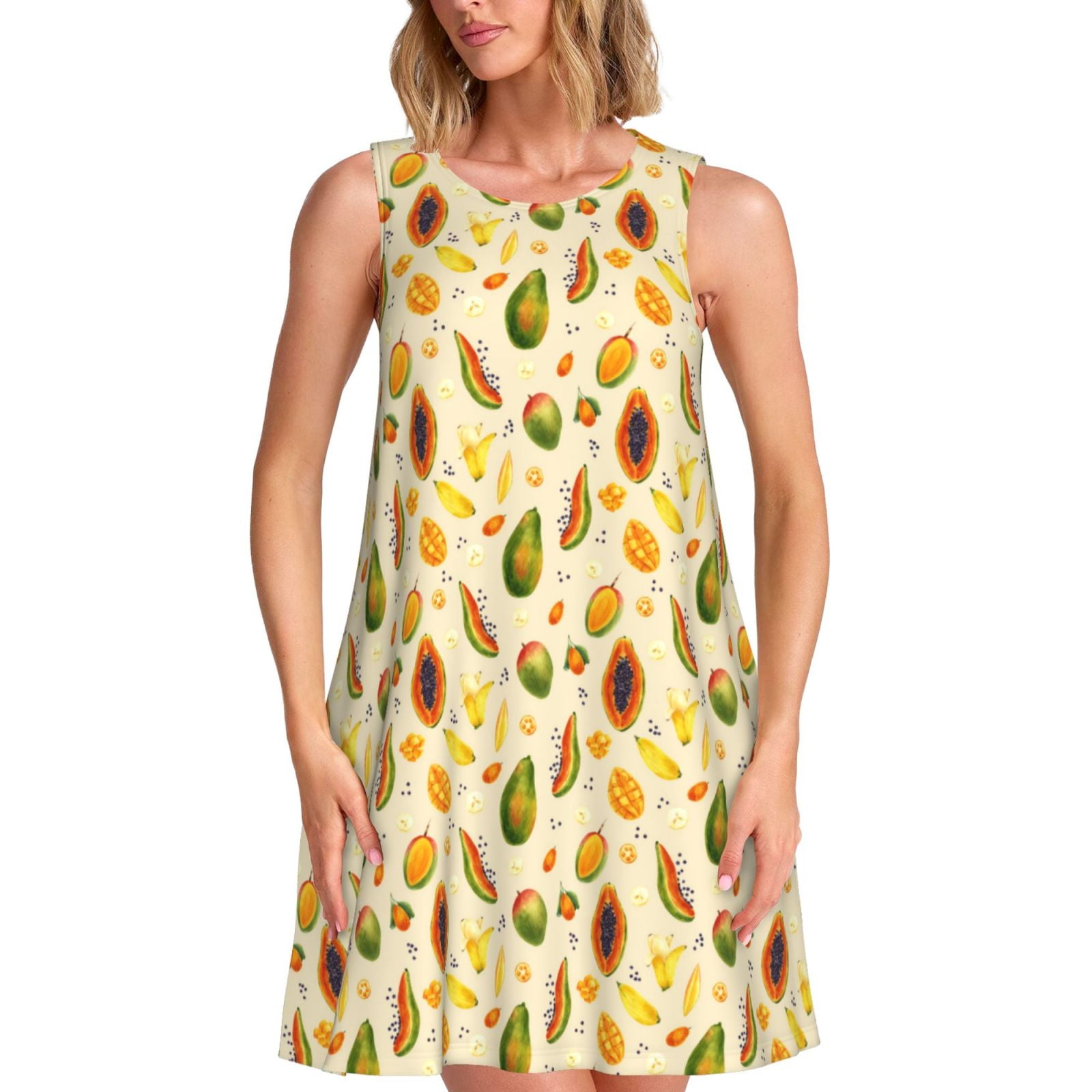 Luyuia Tropical Fruits Print Women's Summer A-Line Sleeveless Boat Neck ...