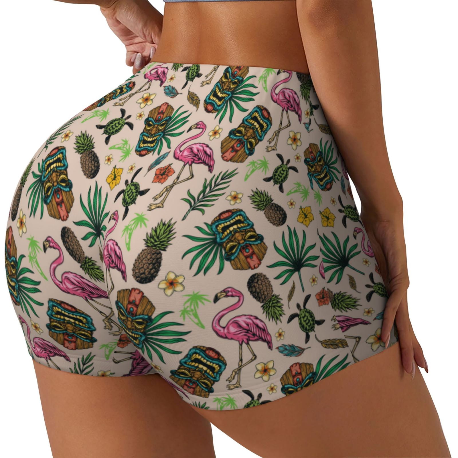 Luyuia Tropical Mask Flamingo Print Women's Seamless Scrunch Workout Shorts, Gym Yoga Running ...