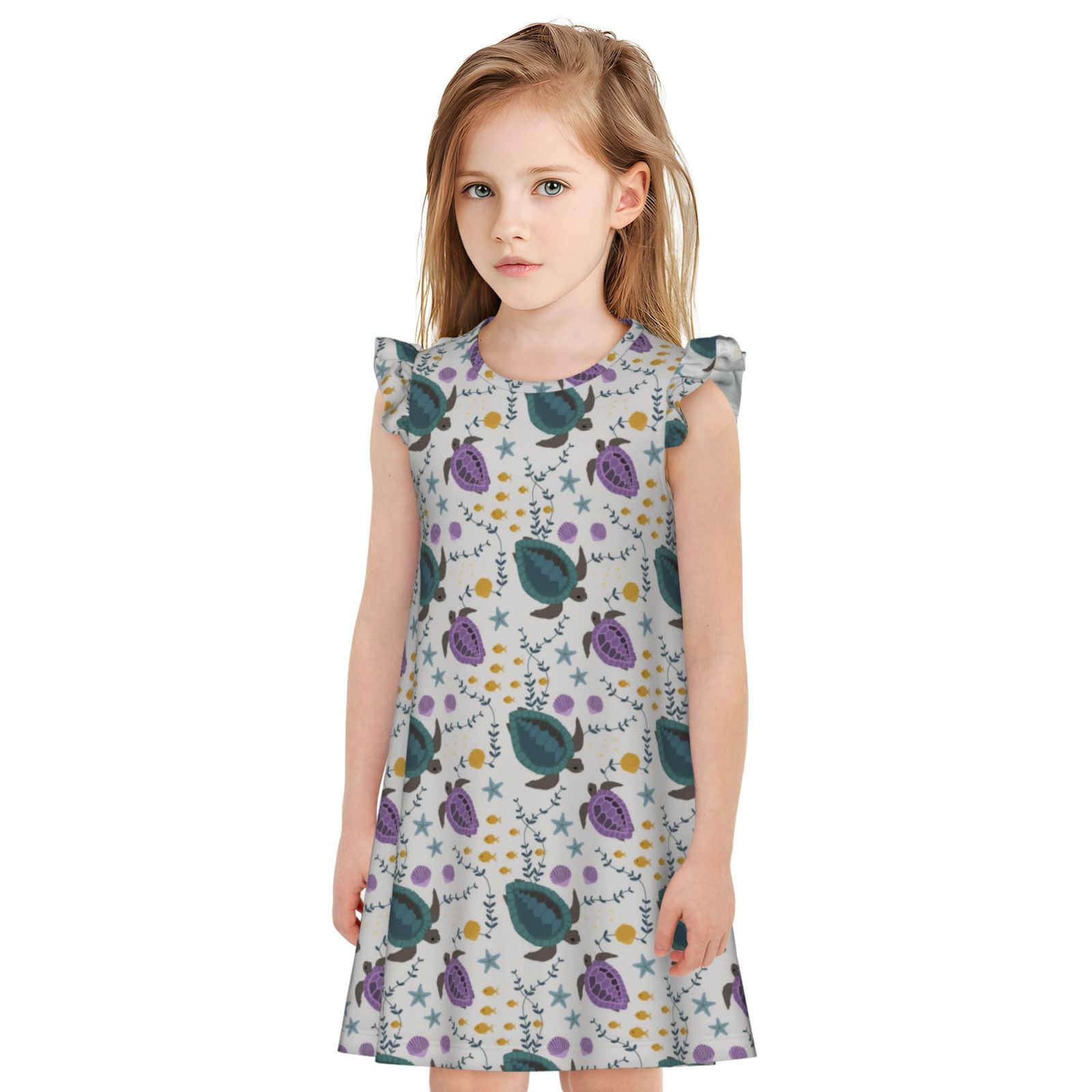 Luyuia Turtle Print Girls' Princess Nightgown, Flutter Sleeve Sleepwear ...