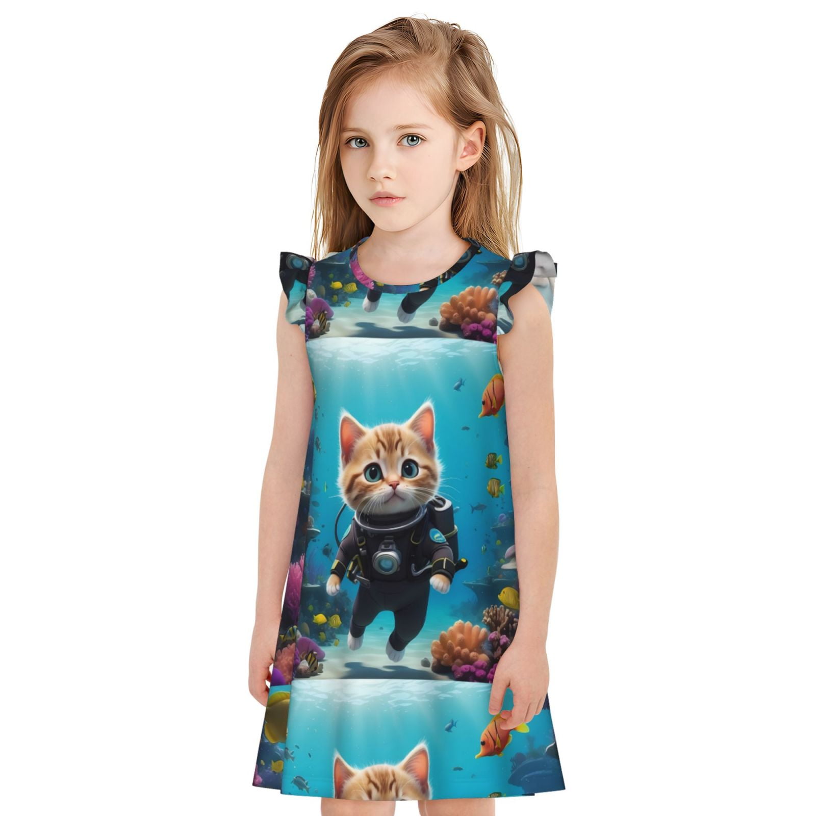 Luyuia Underwater Diving Cat Print Girls' Princess Nightgown, Flutter ...