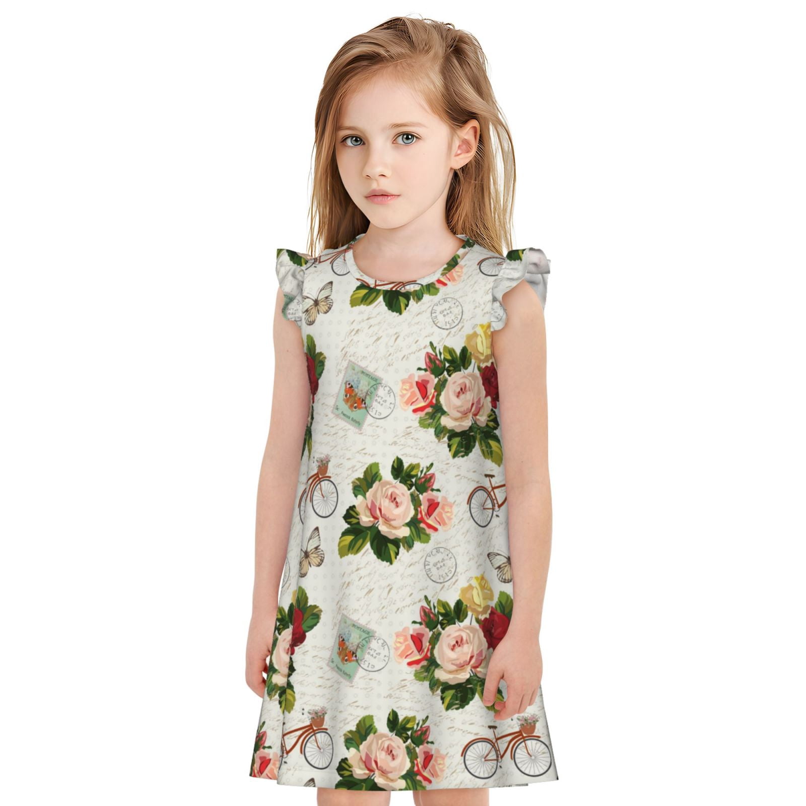 Luyuia Vintage Bike Flower Butterfly Print Girls' Princess Nightgown, Flutter Sleeve Sleepwear ...