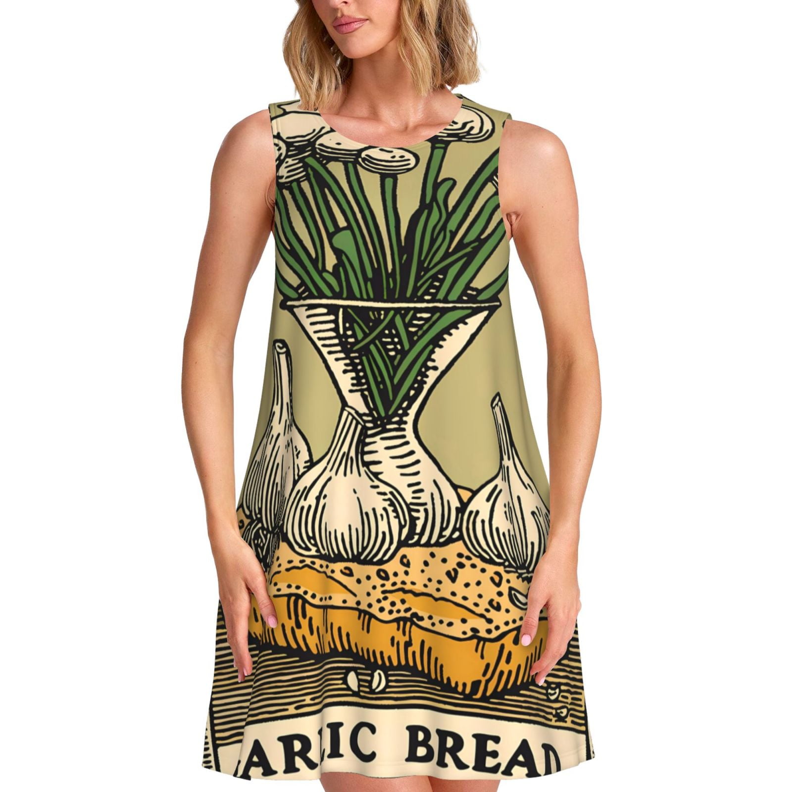Luyuia Vintage Garlic Bread Illustration Print Women's Summer A-Line ...
