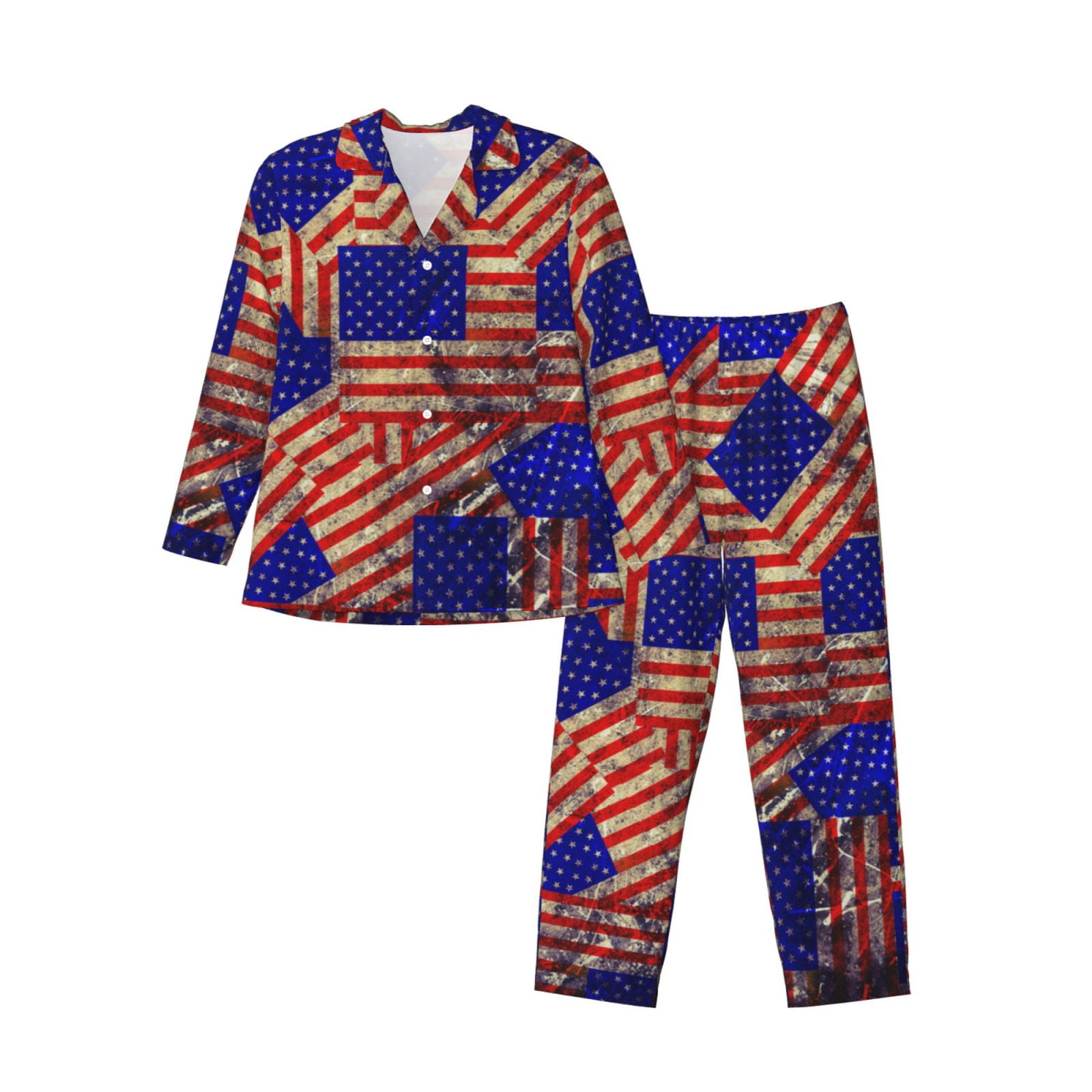 Luyuia Vintage USA Flag Men's Printed Pajama Set with Long Sleeves, Two ...