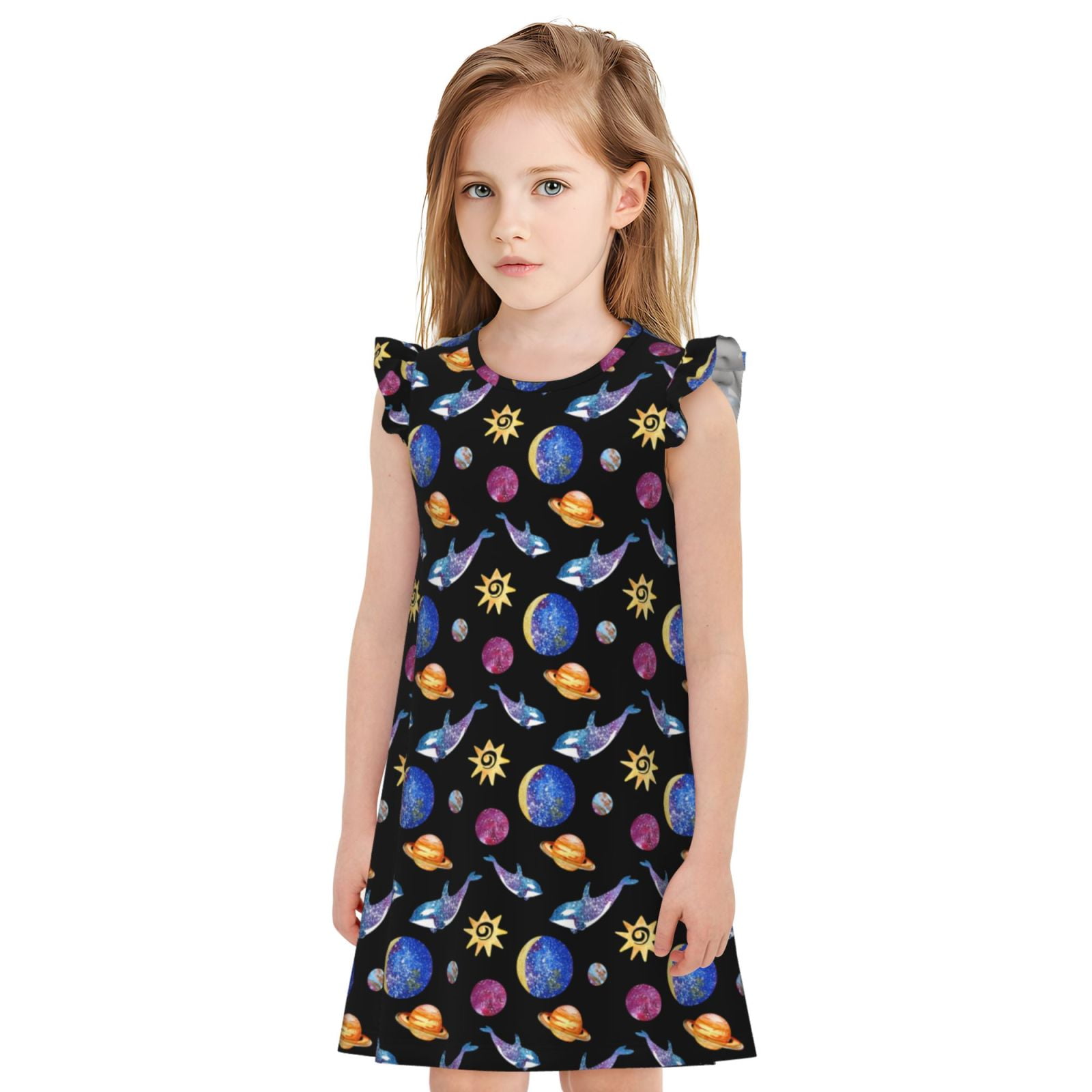 Luyuia Whales In Space Print Girls' Princess Nightgown, Flutter Sleeve ...