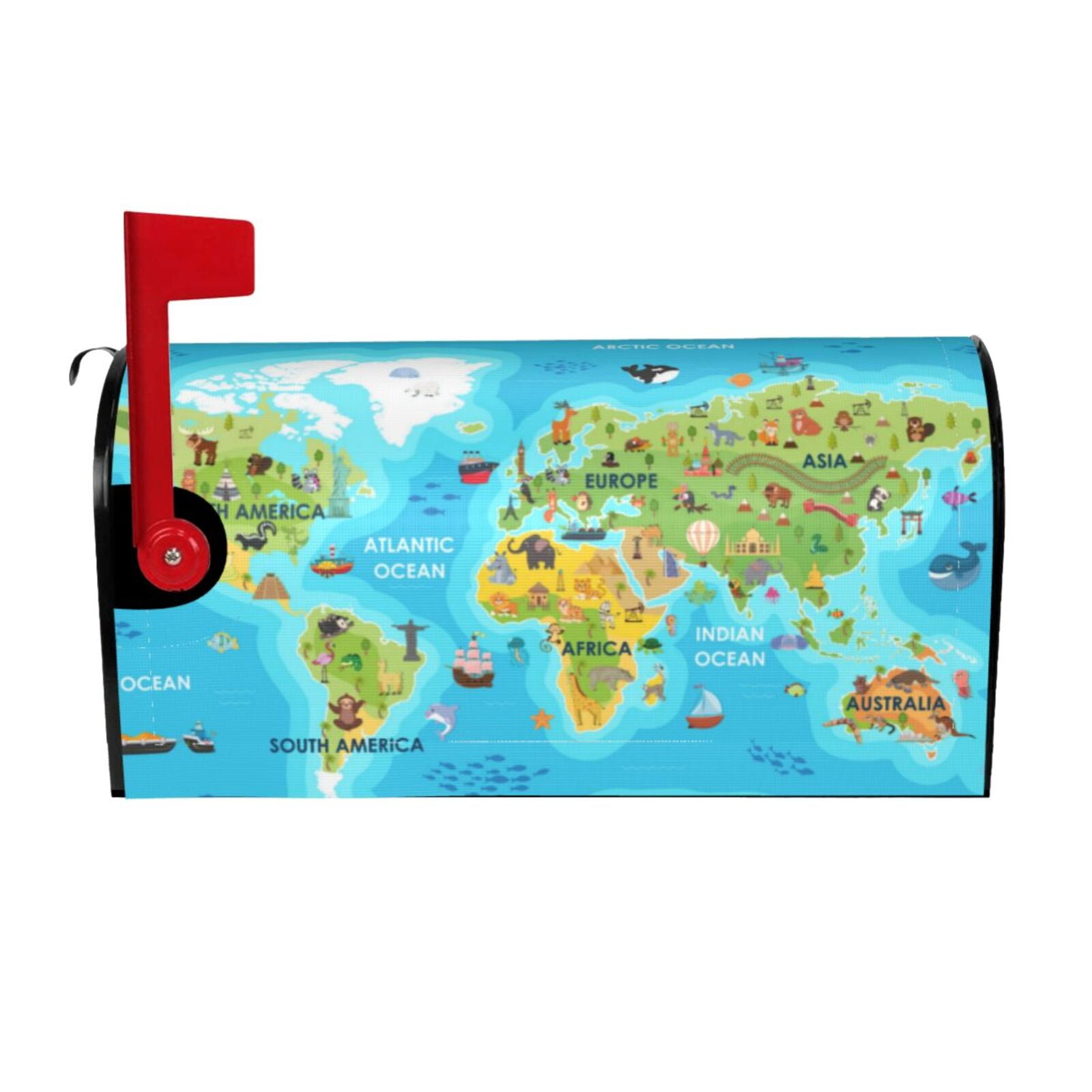 Luyuia World Map With Animals Landmarks Print Magnetic Winter Mailbox ...