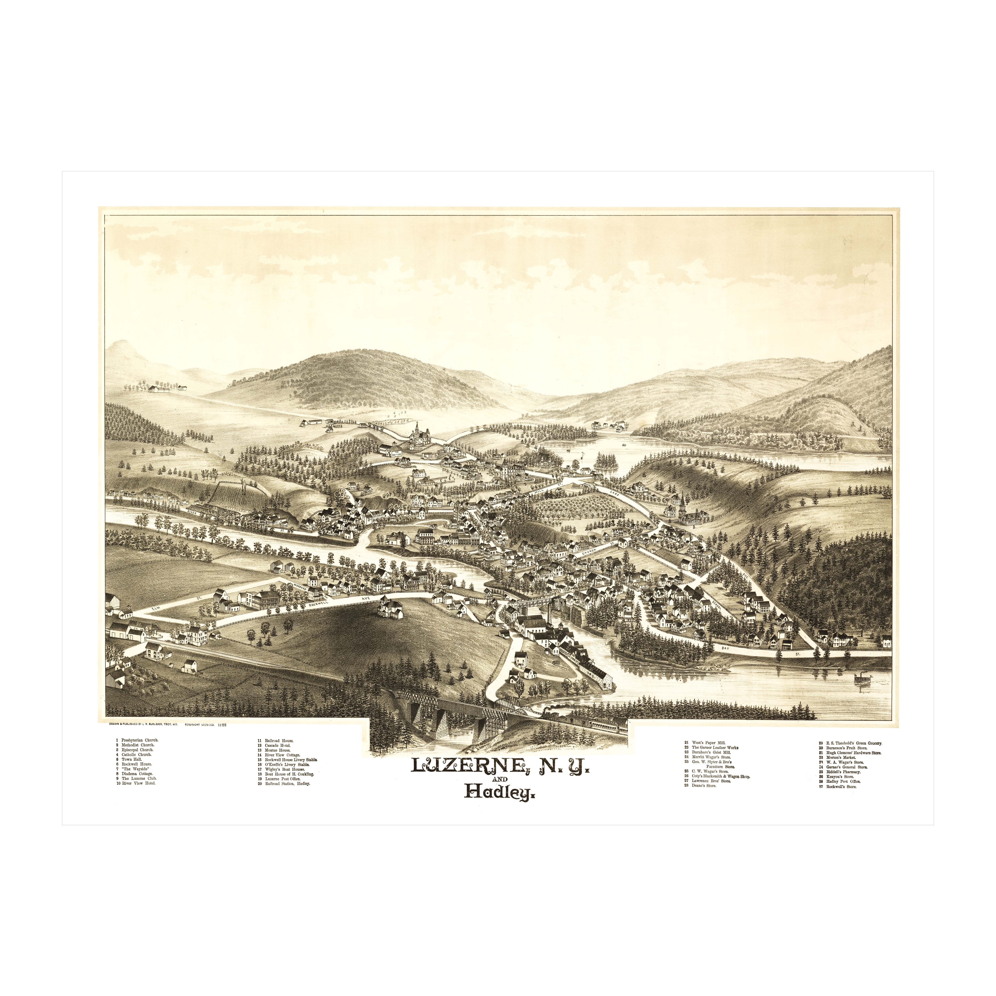 Luzerne & Hadley Art, 1888 Vintage Map of Luzerne & Hadley New York, NY ...