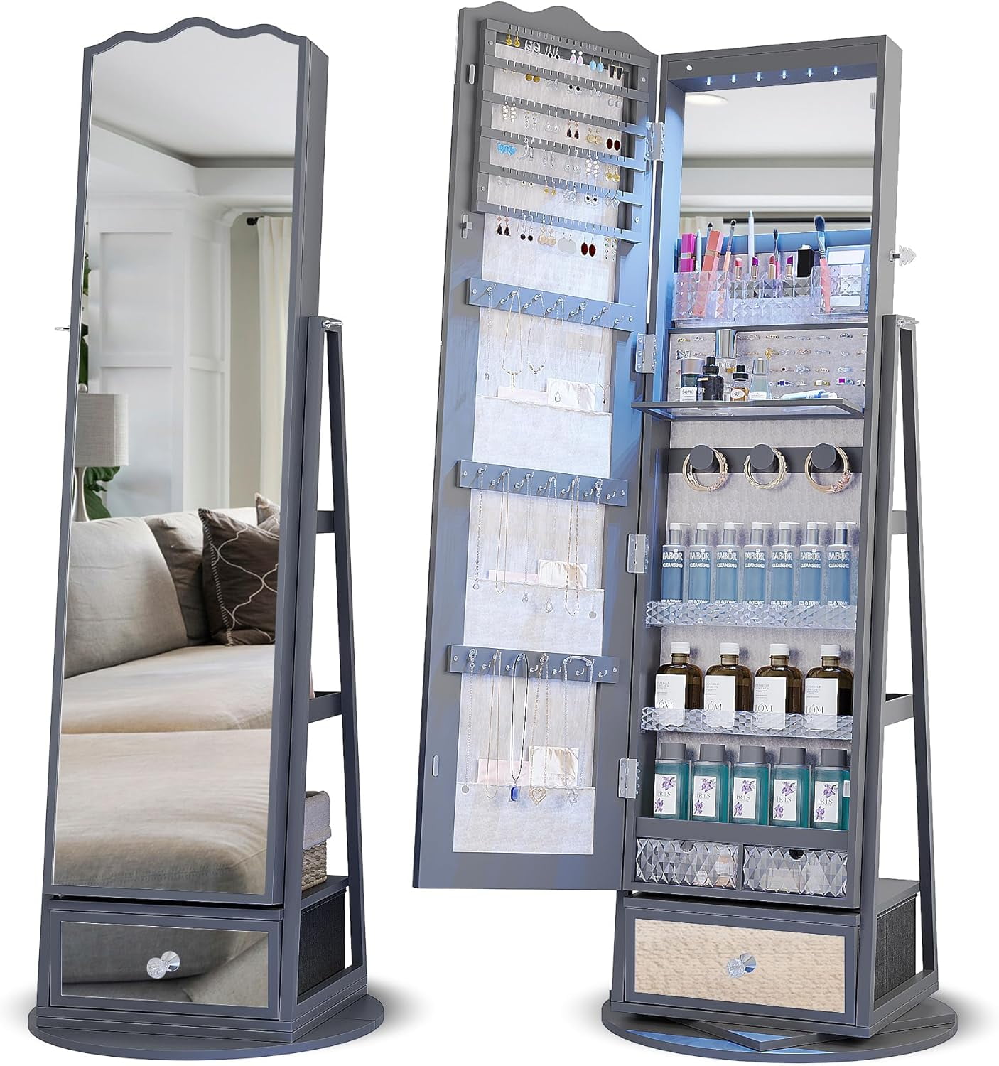 Lvifur 360° Rotating LED Jewelry Armoire w/Full Length Mirror, Large ...