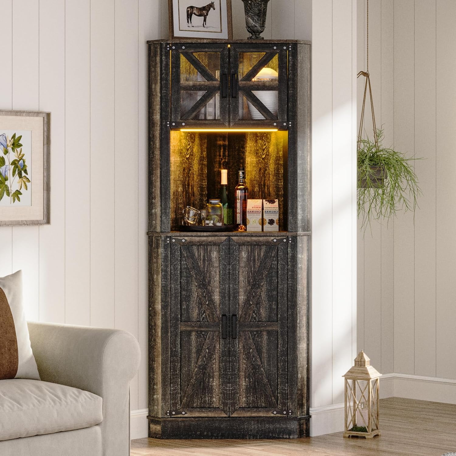 Lvifur Farmhouse Corner Cabinet with LED Lights, Tall Bathroom Storage ...