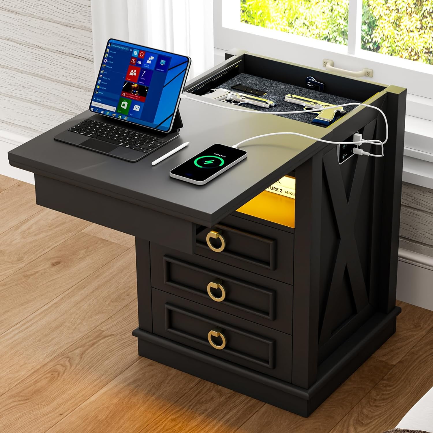 Lvifur Farmhouse Nightstand with Gun Drawer, Human Sensor LED Bedside ...