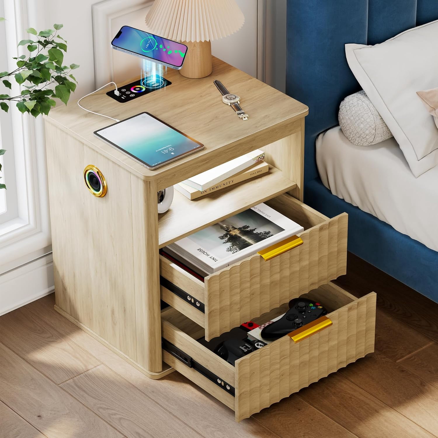 Lvifur Fluted Bedside Table - with Bluetooth Speaker,Smart Bedside ...