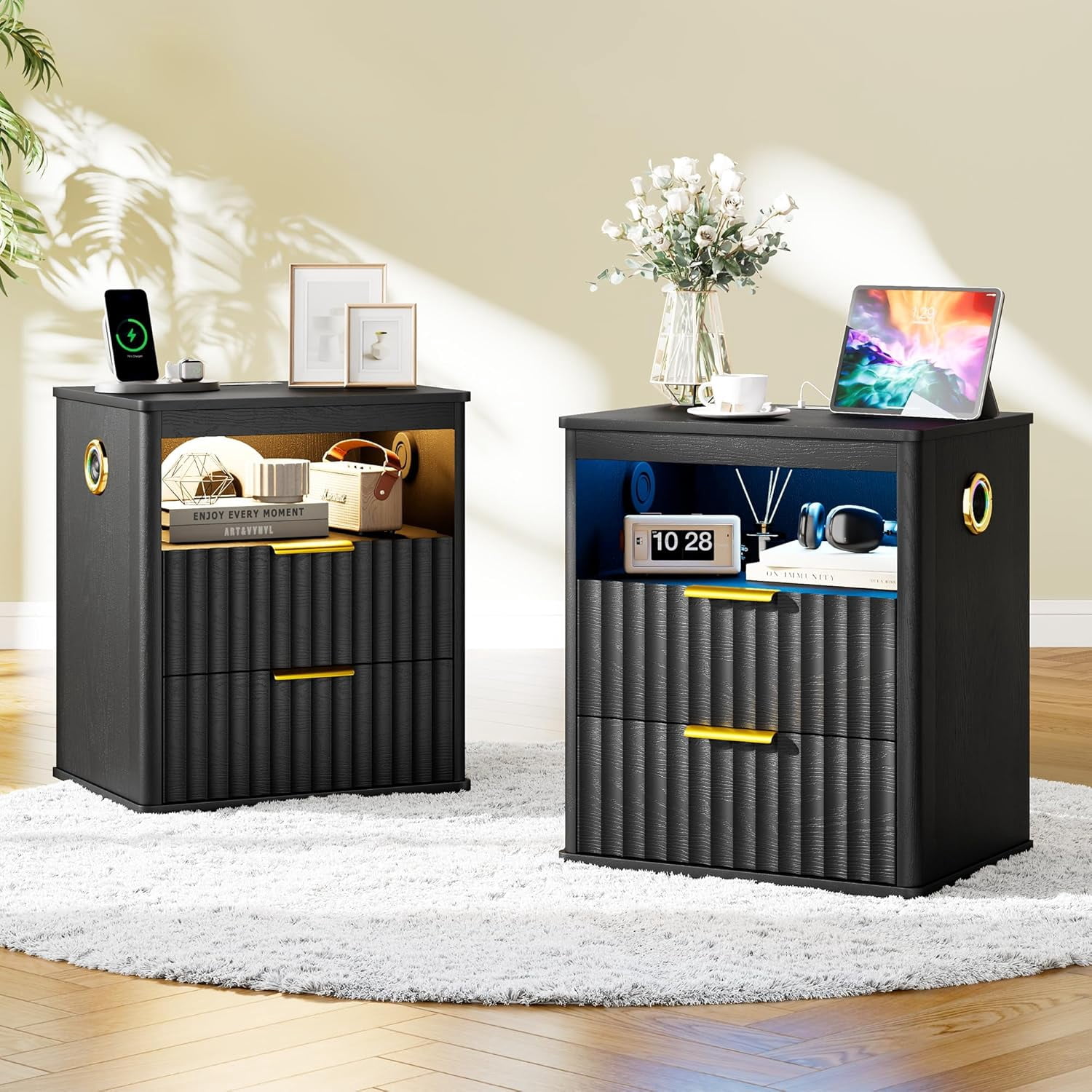 Lvifur Fluted Night Stand Set of 2 - with Bluetooth Speaker,Smart ...