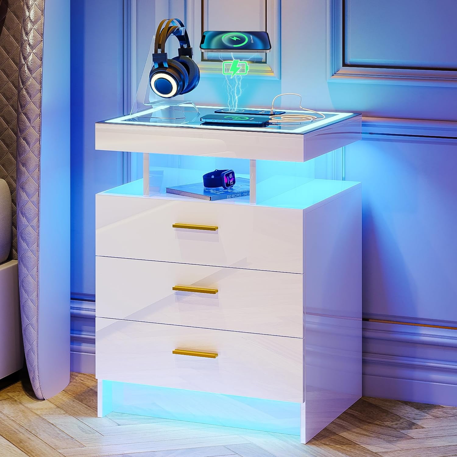 Lvifur LED Nightstand with Wireless Charging Station, Auto Sensor 3 ...