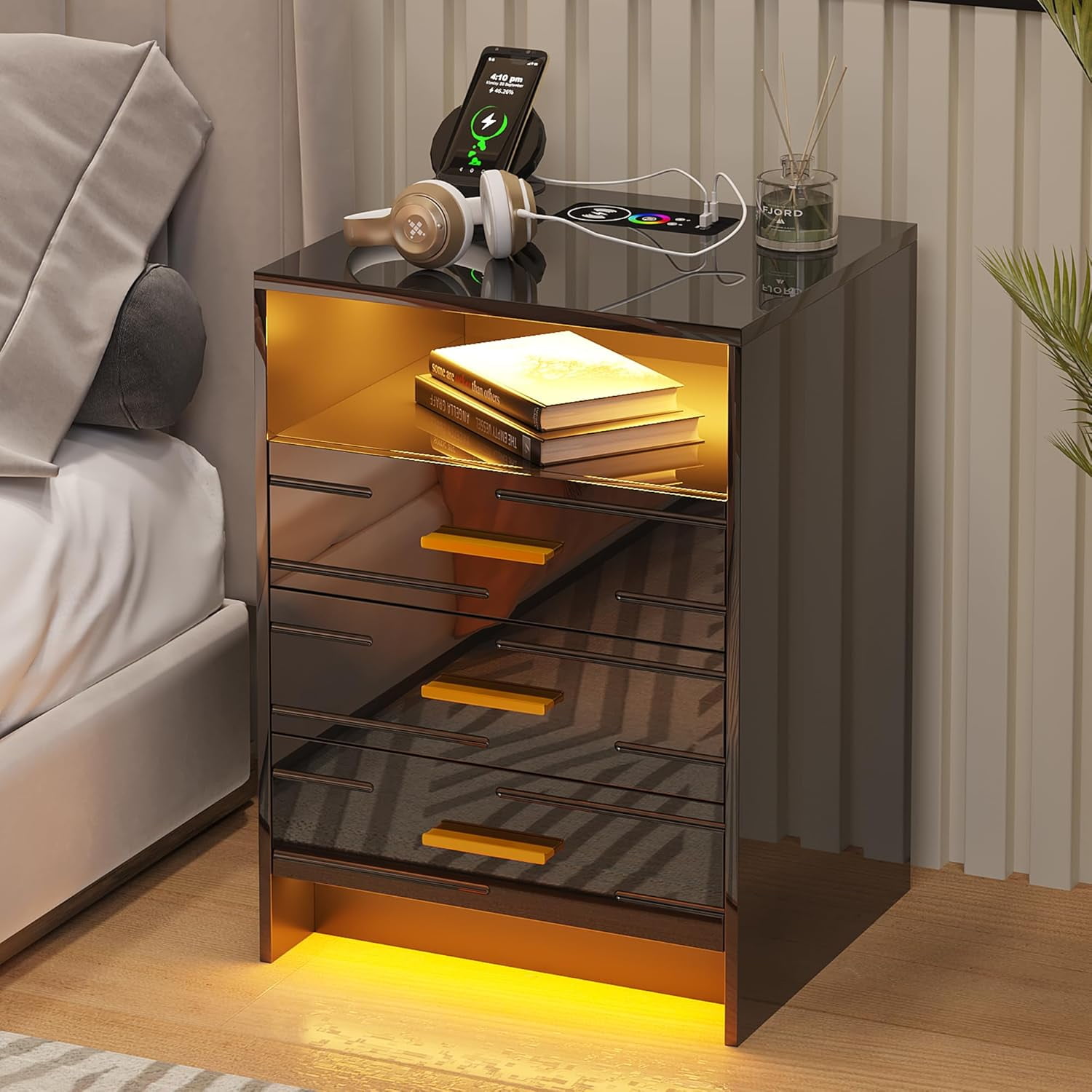 Lvifur Nightstand with Charging Station, LED Night Stand with Fabric ...
