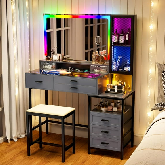 Lvifur RGB Makeup Vanity Desk with Wireless Charging Station,7 Dynamic ...