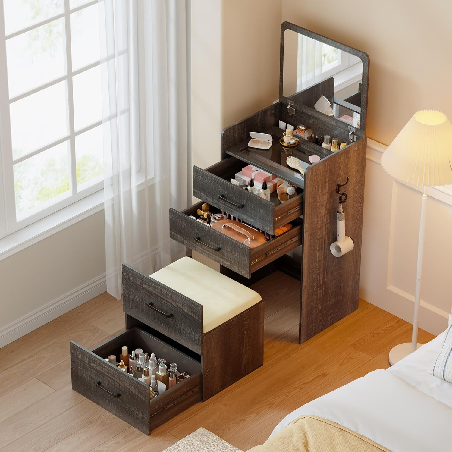 Lvifur Small 3-in-1 Vanity Desk with Mirror, Compact Makeup Table w ...