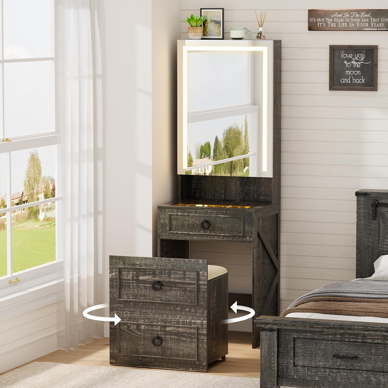 Lvifur Small Vanity Desk with Mirror and Lights, Modern Glass Top ...