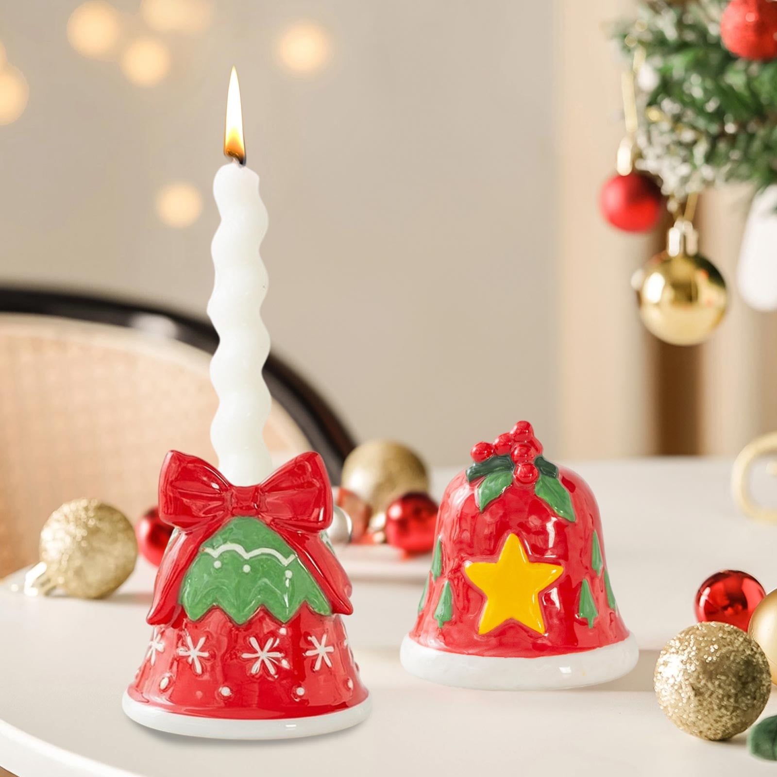 Lwlmwt Charming Ceramic Bell Christmas Candlesticks (3.5×3.4 Inches ...