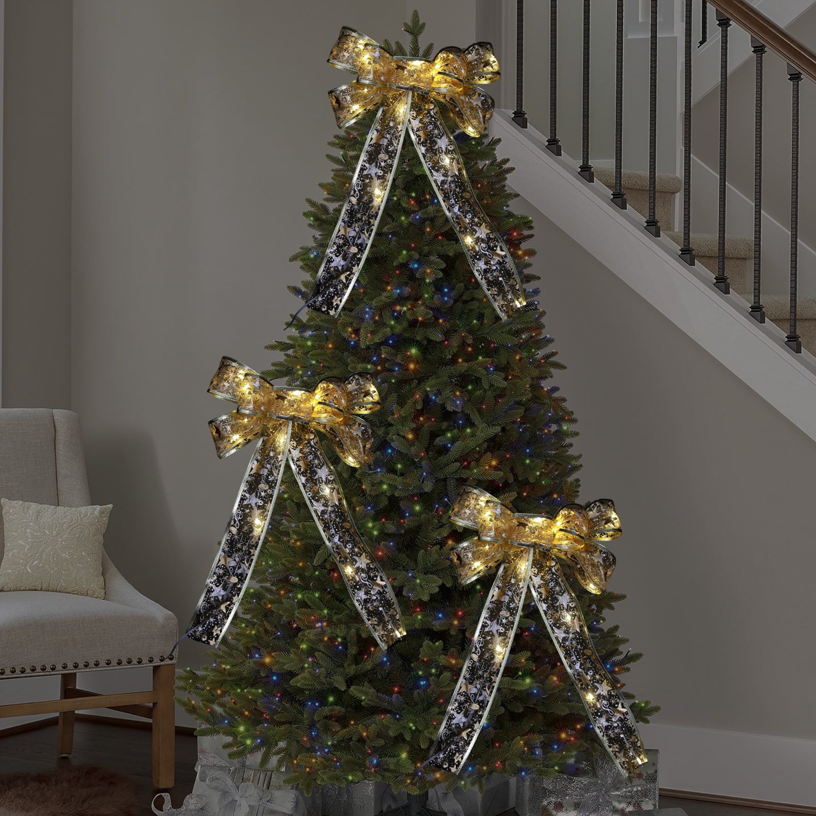 Lwlmwt Large Christmas Bow 13.8-inch LED Ribbon Silver Glow Bow Ideal ...