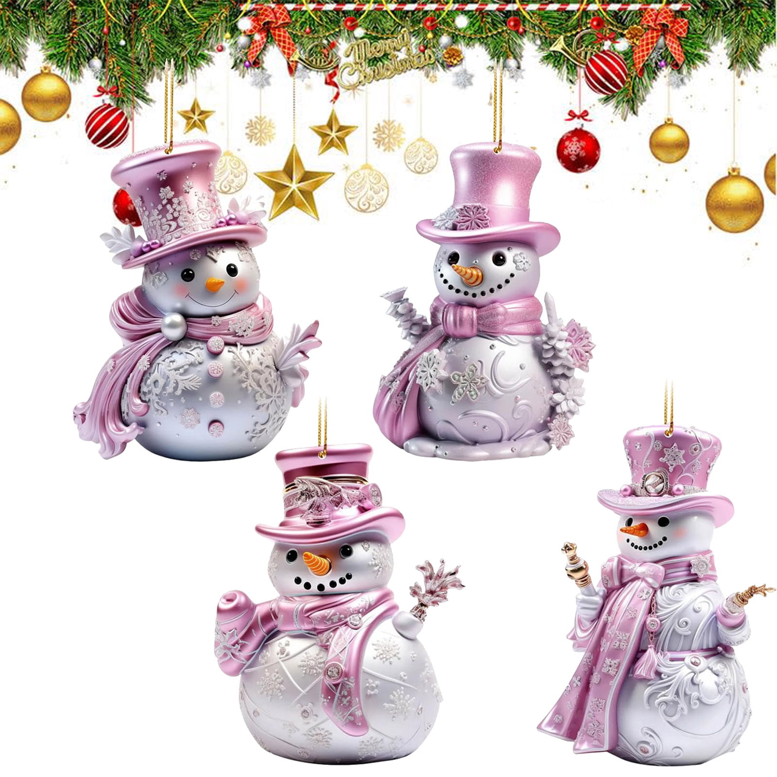 Lwlmwt Pink Snowman Christmas Ornaments Set of 4, Acrylic 2D Pink ...