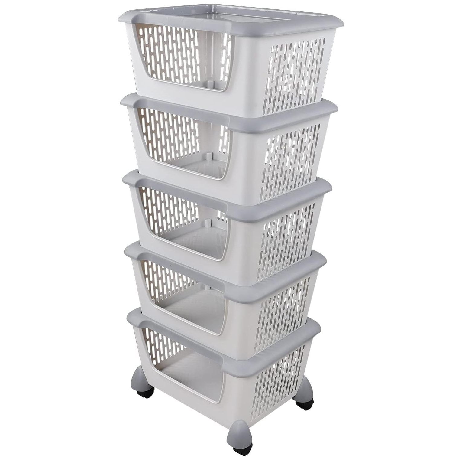 Lwory 5-tier Stacking Storage Basket with Wheels, Plastic Open Stacking ...