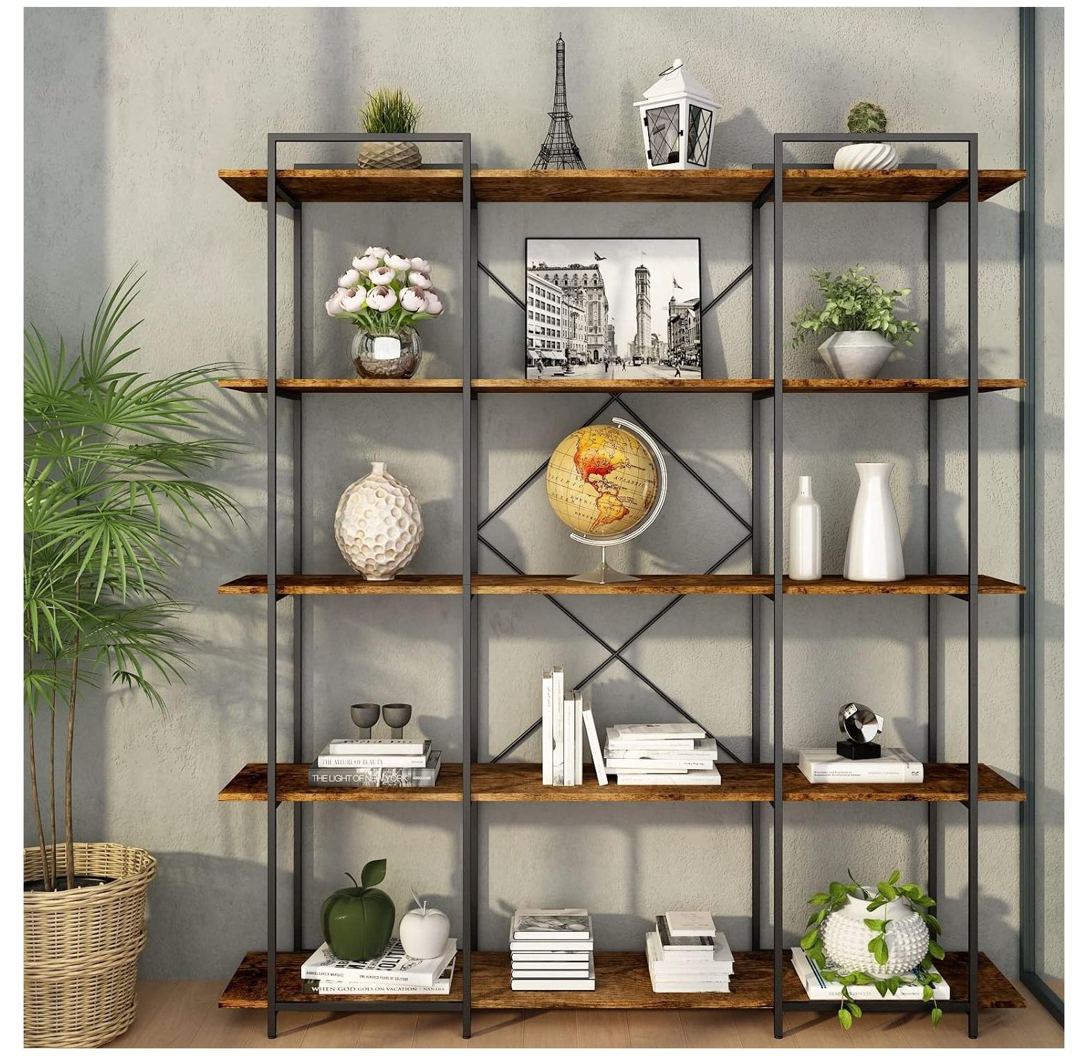 Lwory Triple Wide 5 Tier Bookshelf, 70.8’’ H x 63’’ W Rustic Etagere ...